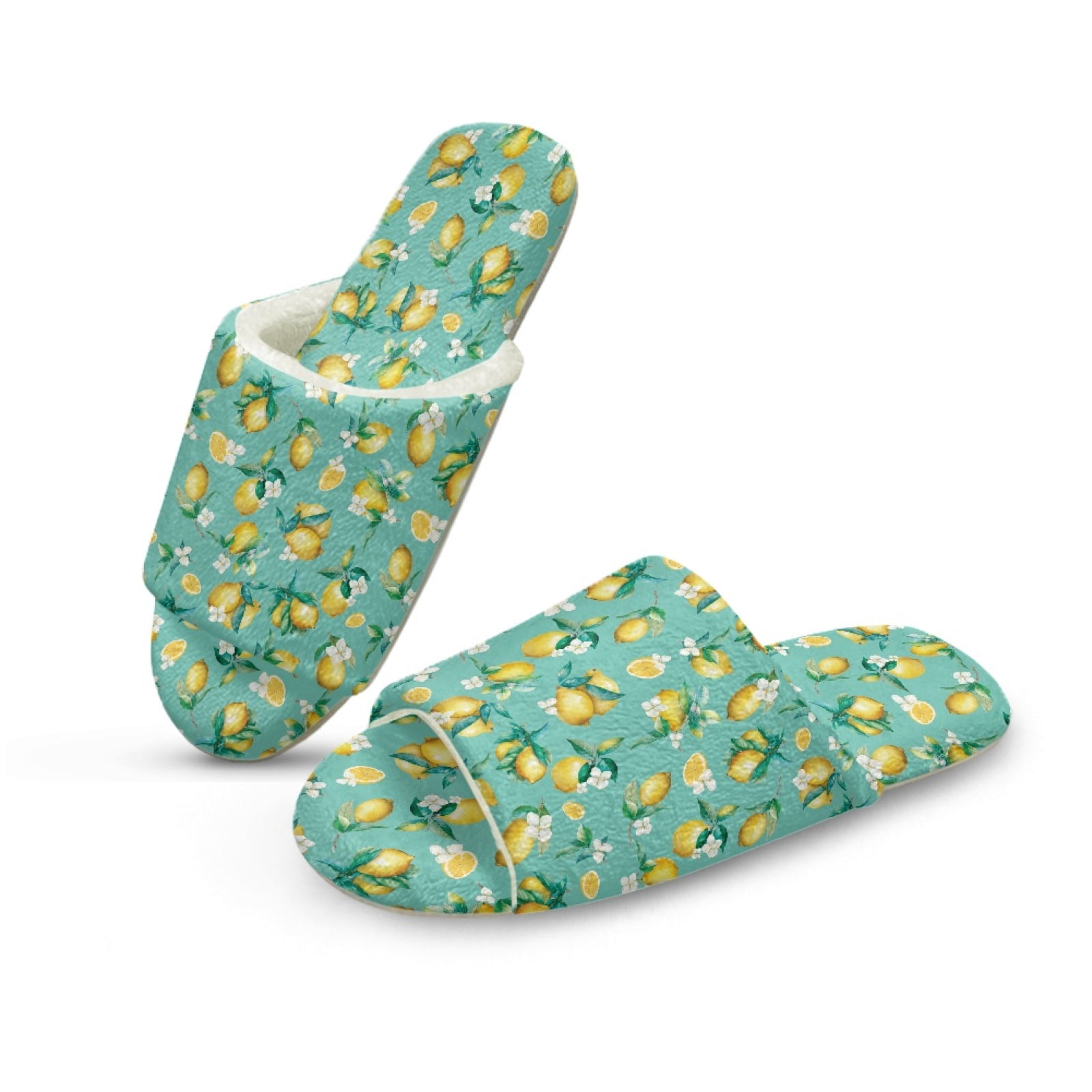 COEQINE Lemon Flower Teal Womens Fluffy Slippers Washable Indoor Slides ...