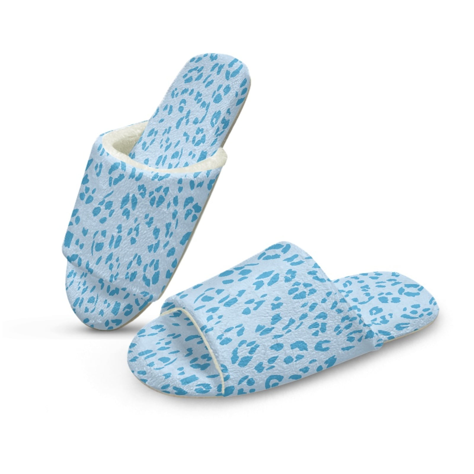 COEQINE Leopard Print Light Blue Women Slippers for Home, Fuzzy Flannel ...