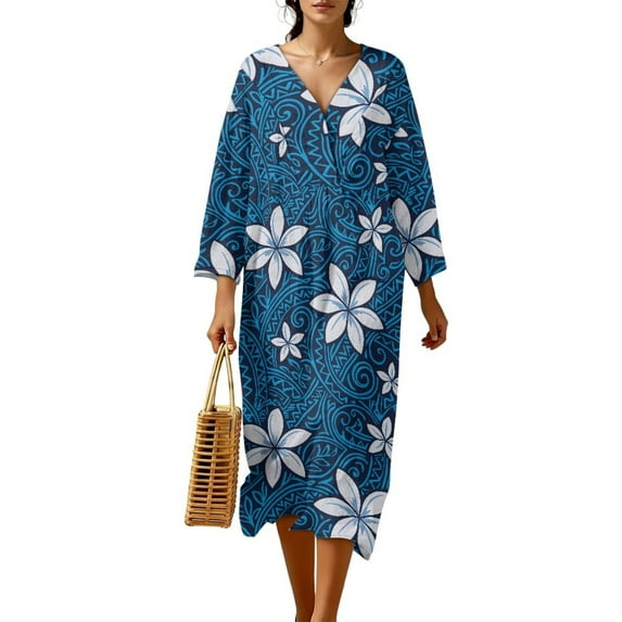 COEQINE Linen-Like Women's Long Dress 3/4 Sleeve Wrap V-Neck Midi Loose ...