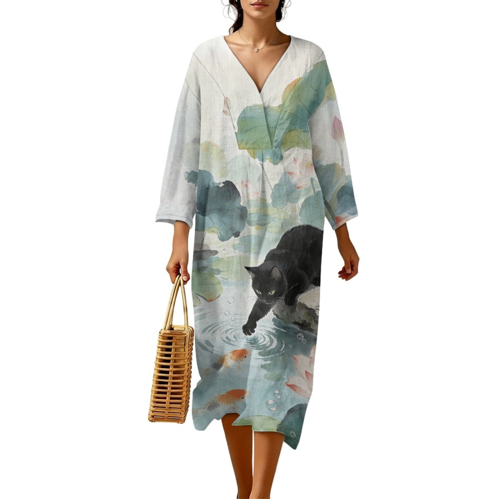 COEQINE Linen-Like Women's Long Dress 3/4 Sleeve Wrap V-Neck Midi Loose ...