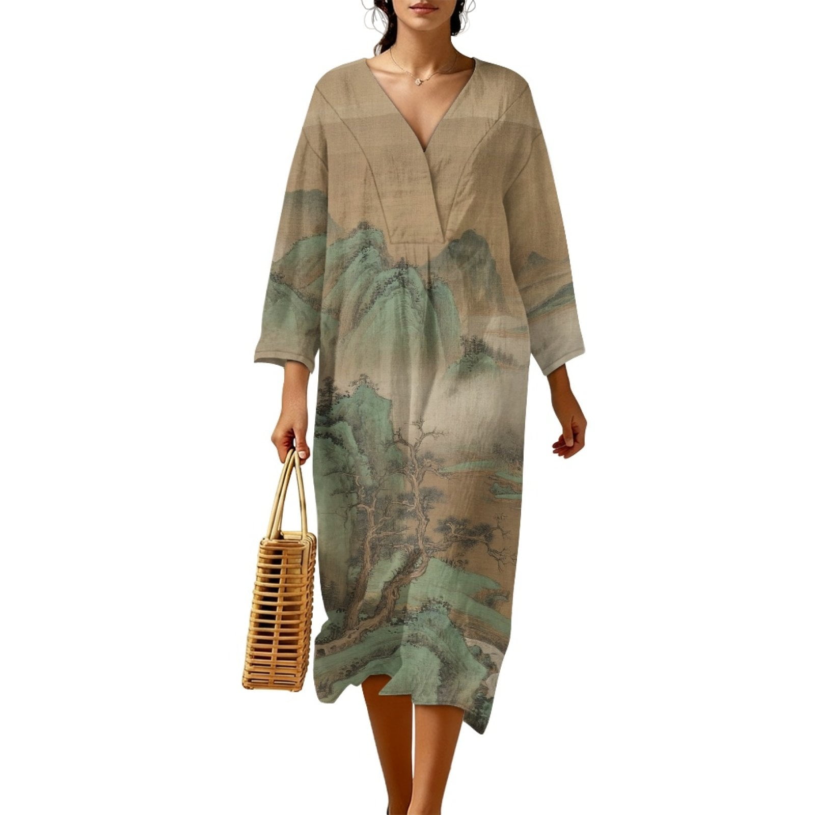 COEQINE Linen-Like Women's Long Dress 3/4 Sleeve Wrap V-Neck Midi Loose ...