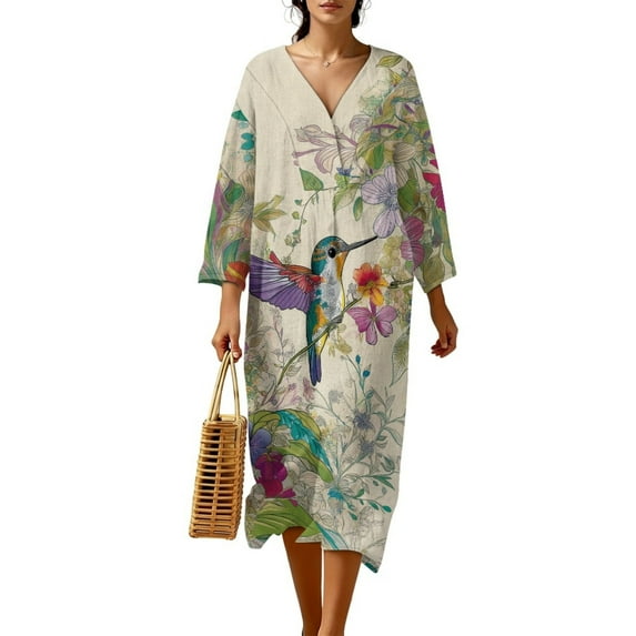 COEQINE Midi Dress for Women 3/4 Sleeve Wrap V-Neck, Loose Fit Boho ...