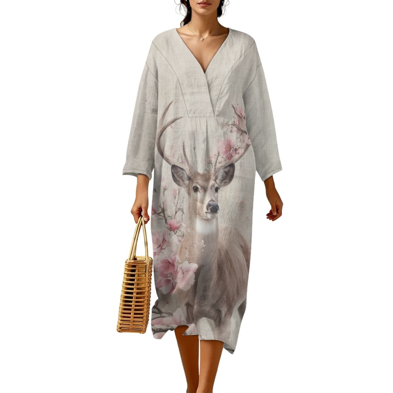 COEQINE Midi Dress for Women 3/4 Sleeve Wrap V-Neck, Loose Fit Boho ...