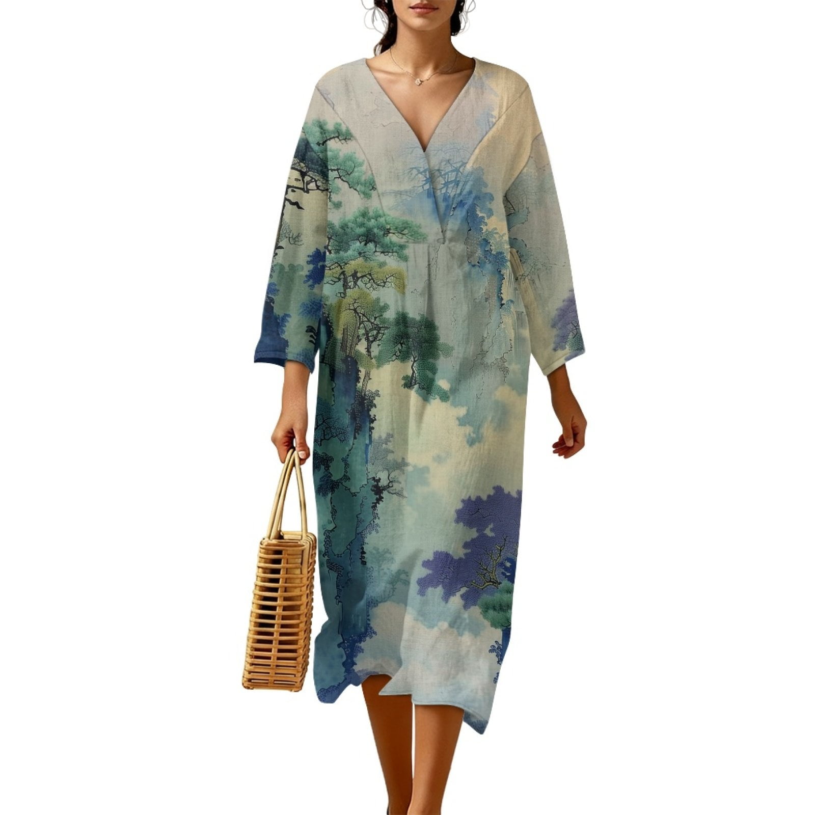 COEQINE Midi Dress for Women 3/4 Sleeve Wrap V-Neck, Loose Fit Boho ...