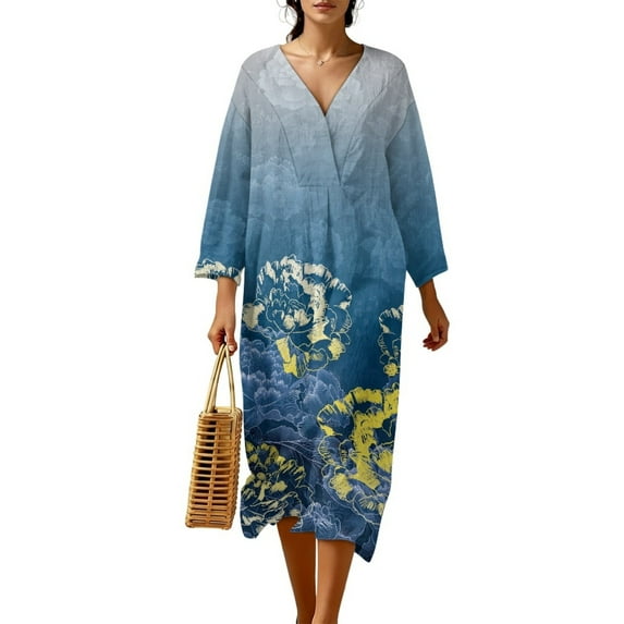 COEQINE Midi Dress for Women 3/4 Sleeve Wrap V-Neck, Loose Fit Boho ...