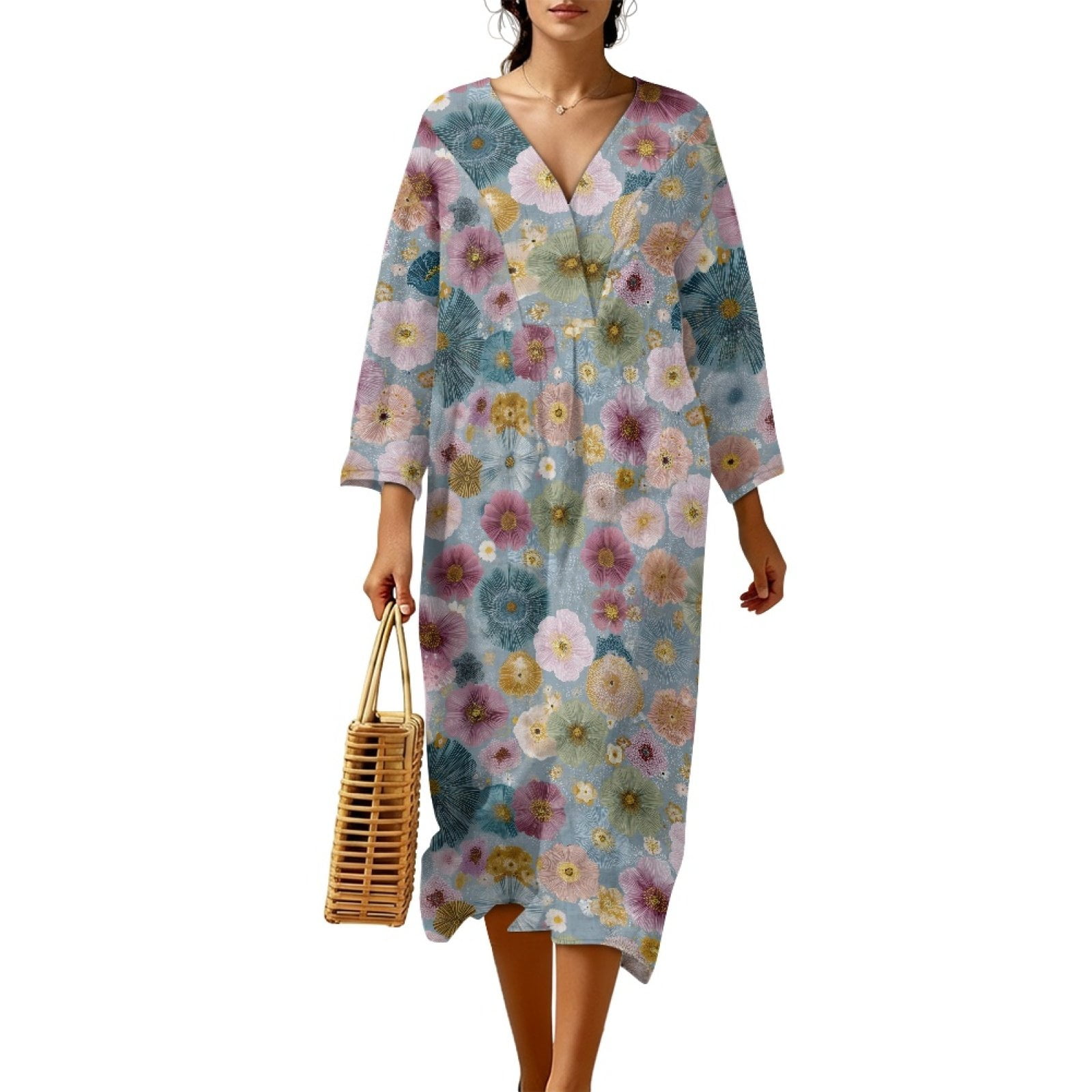 COEQINE Midi Dress for Women 3/4 Sleeve Wrap V-Neck, Loose Fit Boho ...