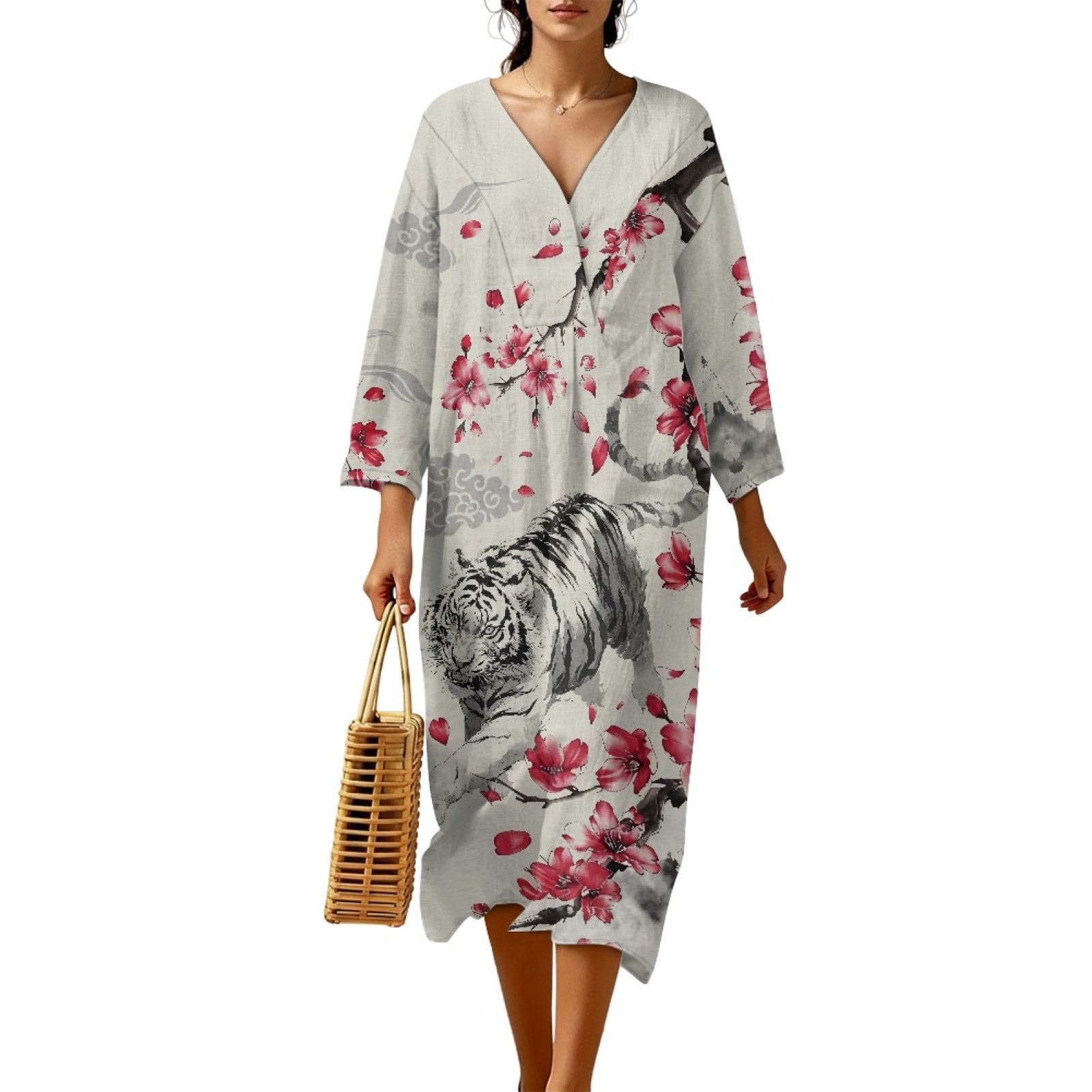 COEQINE Midi Dress for Women 3/4 Sleeve Wrap V-Neck, Loose Fit Boho ...