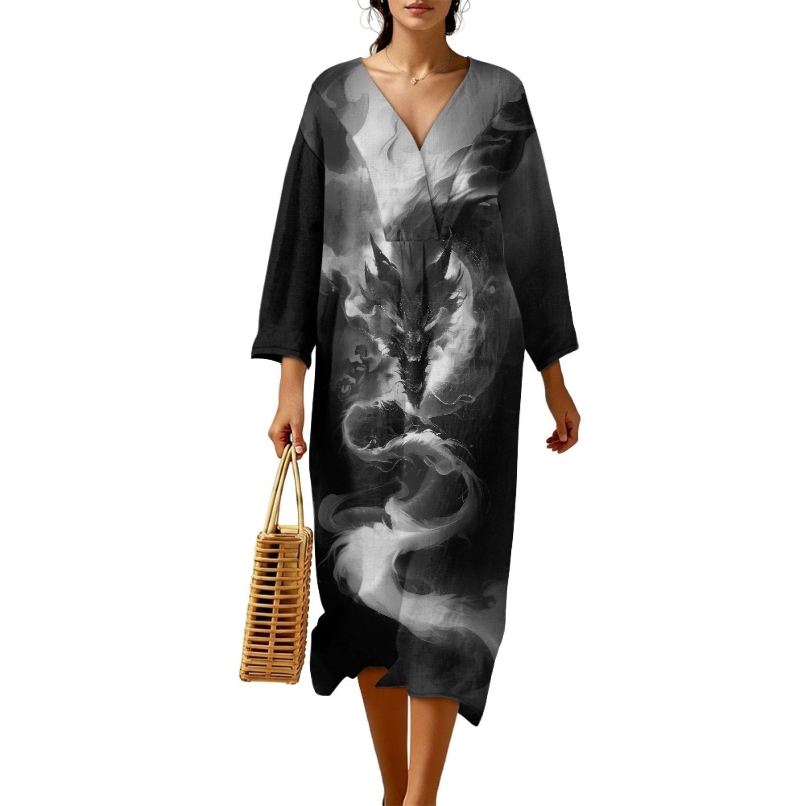 COEQINE Midi Dress for Women 3/4 Sleeve Wrap V-Neck, Loose Fit Boho ...