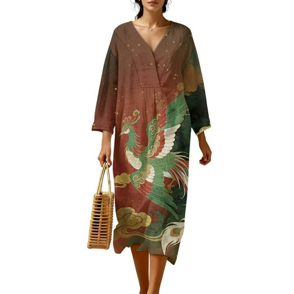 COEQINE Oriental Midi Dress for Women 3/4 Sleeve Wrap V-Neck Loose Fit ...