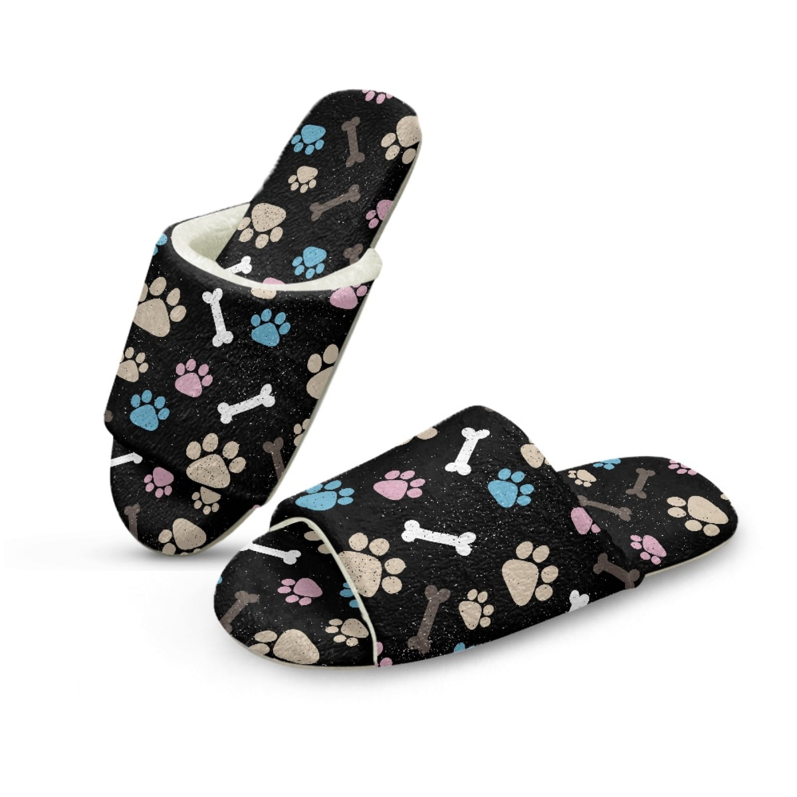 COEQINE Paw Bone Pink Blue Black Womens Fluffy Slippers Washable Indoor ...