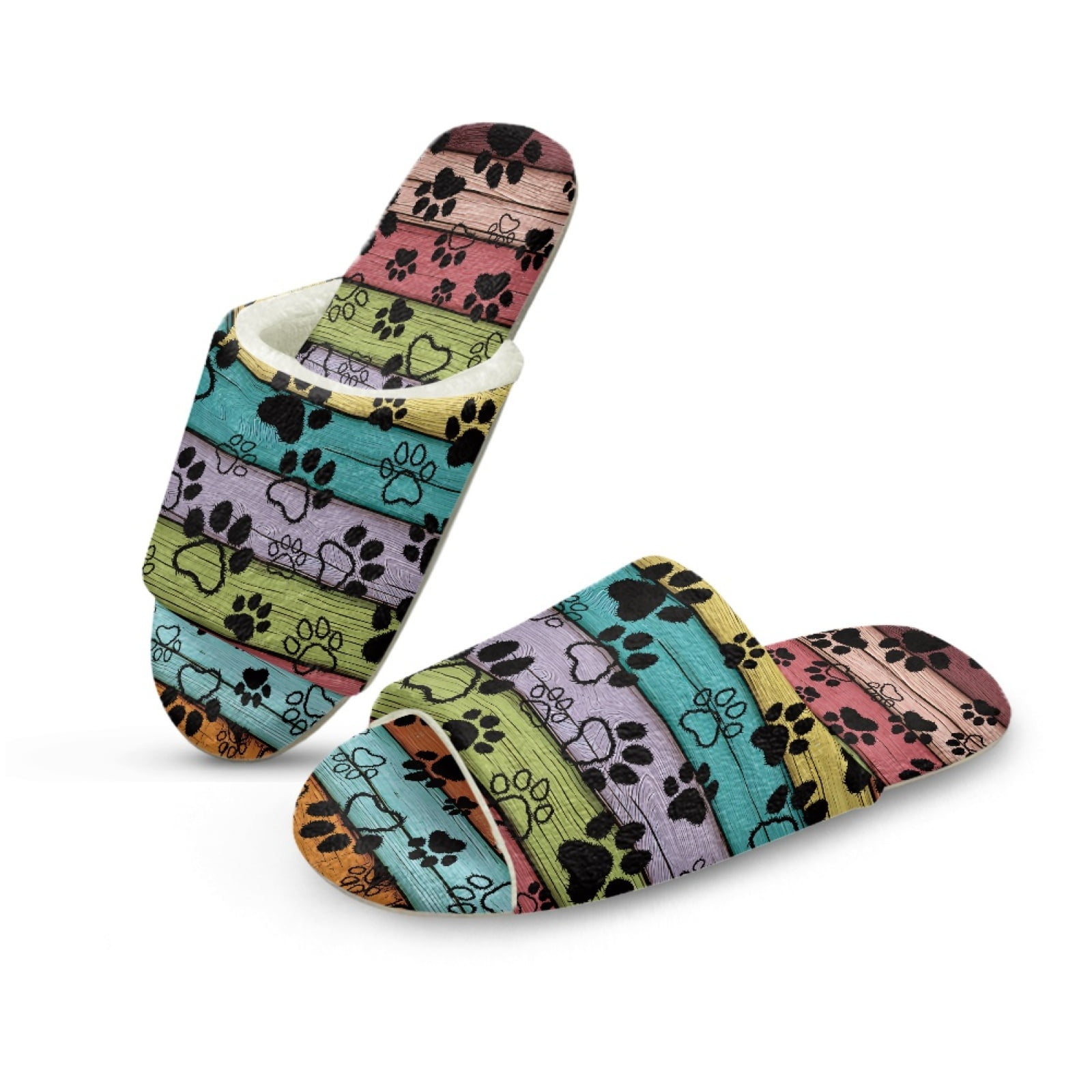 COEQINE Paw Wood Grain Colorful Slip On House Slippers Cozy Fluffy ...