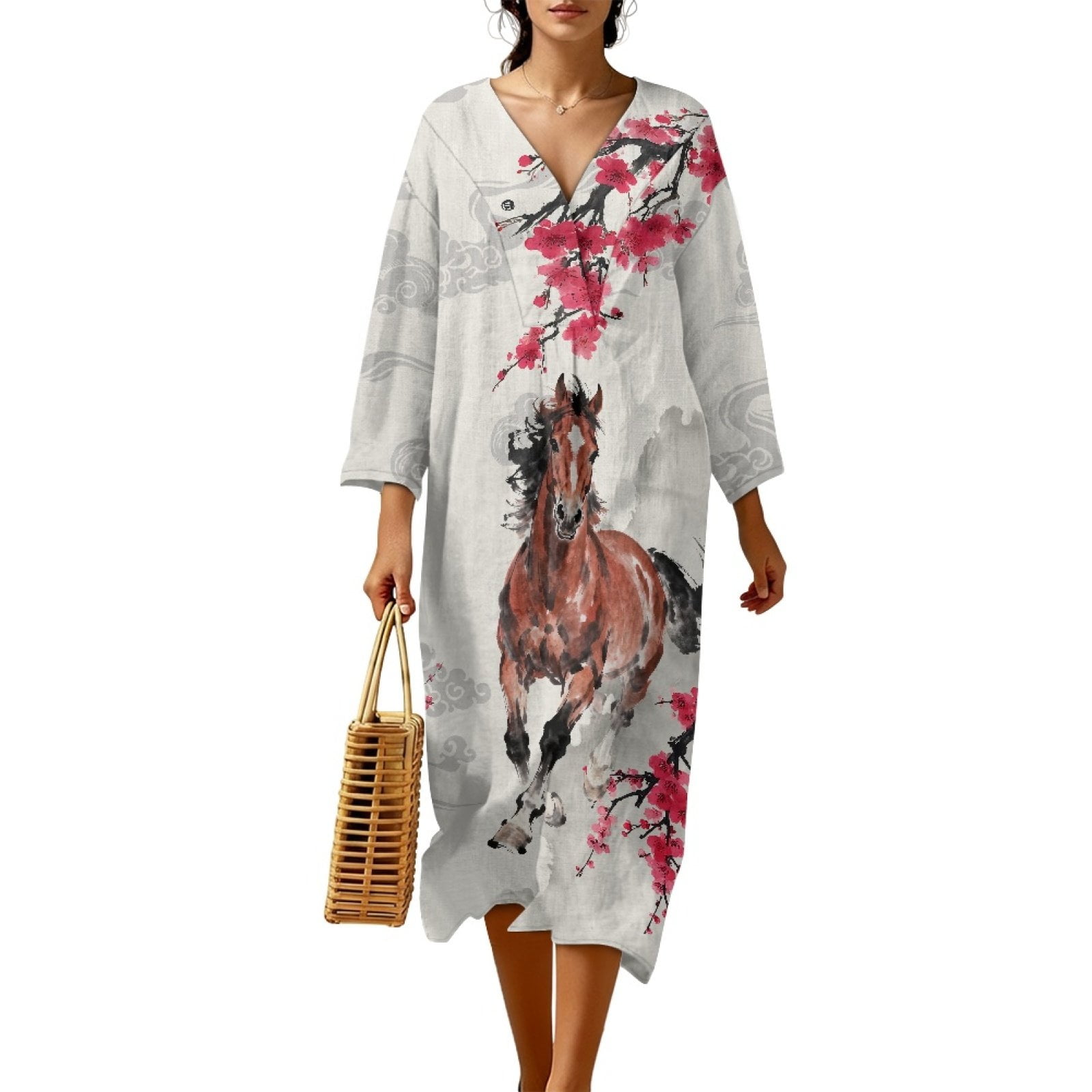 COEQINE Plus Size Women's Dress 3/4 Sleeve Wrap V-Neck Midi A Line ...