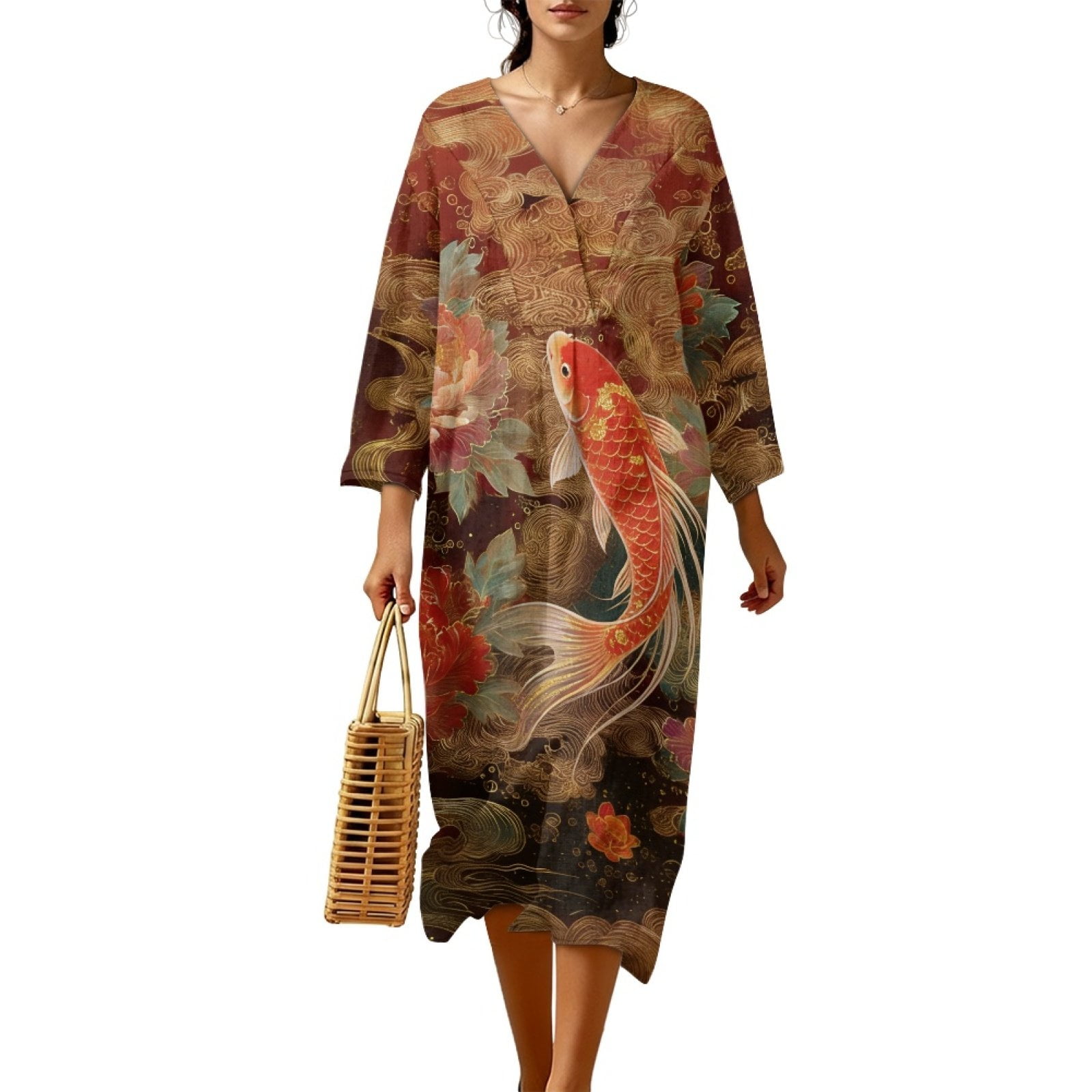 COEQINE Plus Size Women's Dress 3/4 Sleeve Wrap V-Neck Midi A Line ...