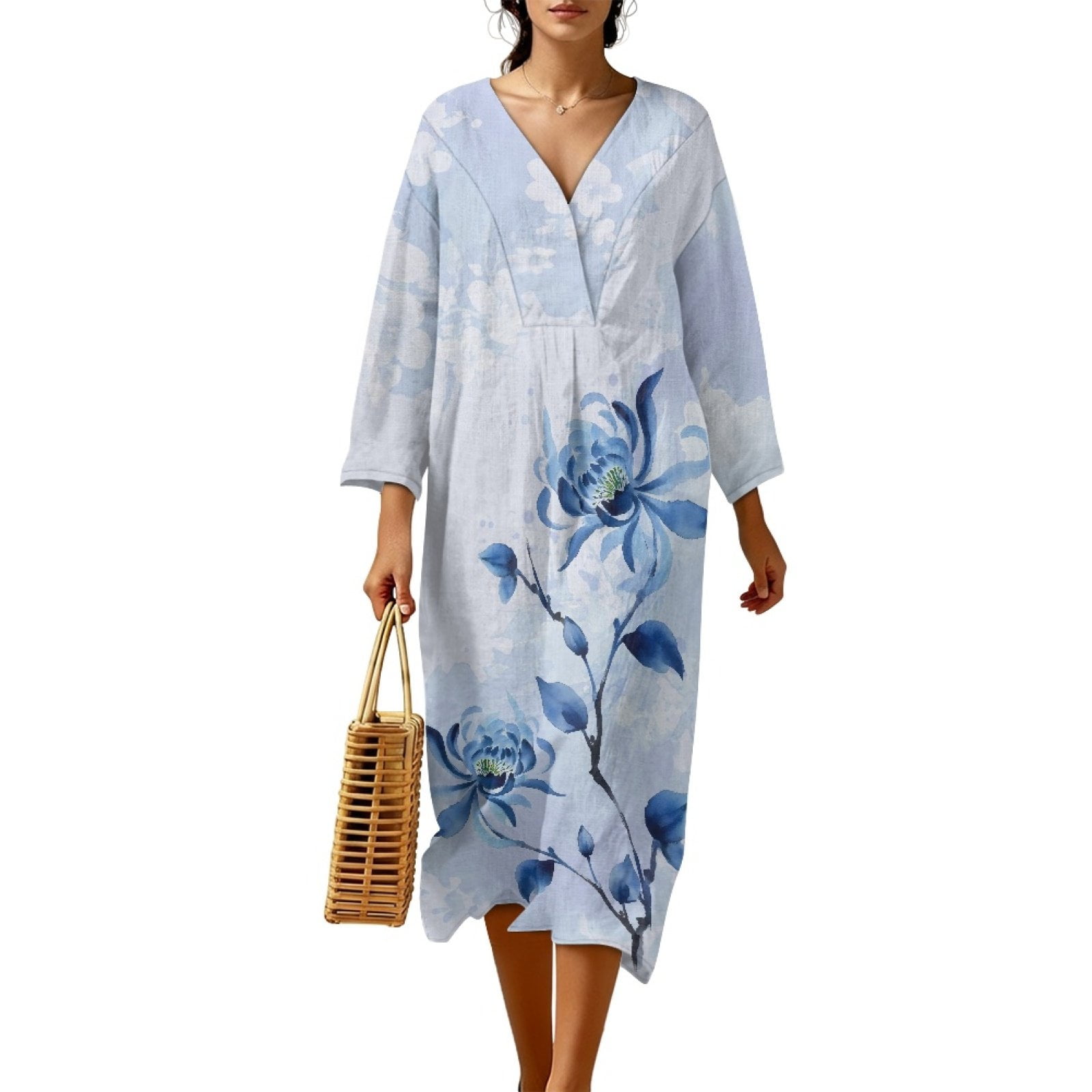 COEQINE Plus Size Women's Dress 3/4 Sleeve Wrap V-Neck Midi A Line ...