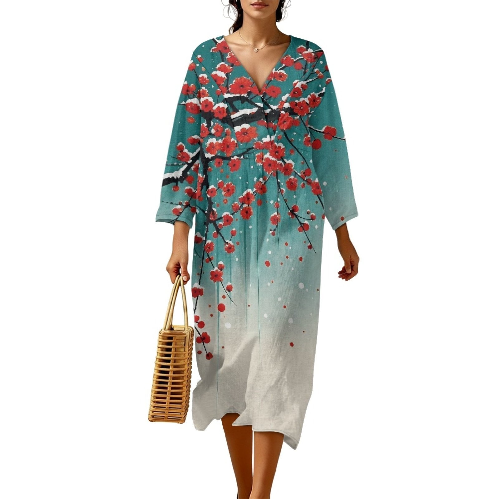 COEQINE Plus Size Women's Dress 3/4 Sleeve Wrap V-Neck Midi A Line ...