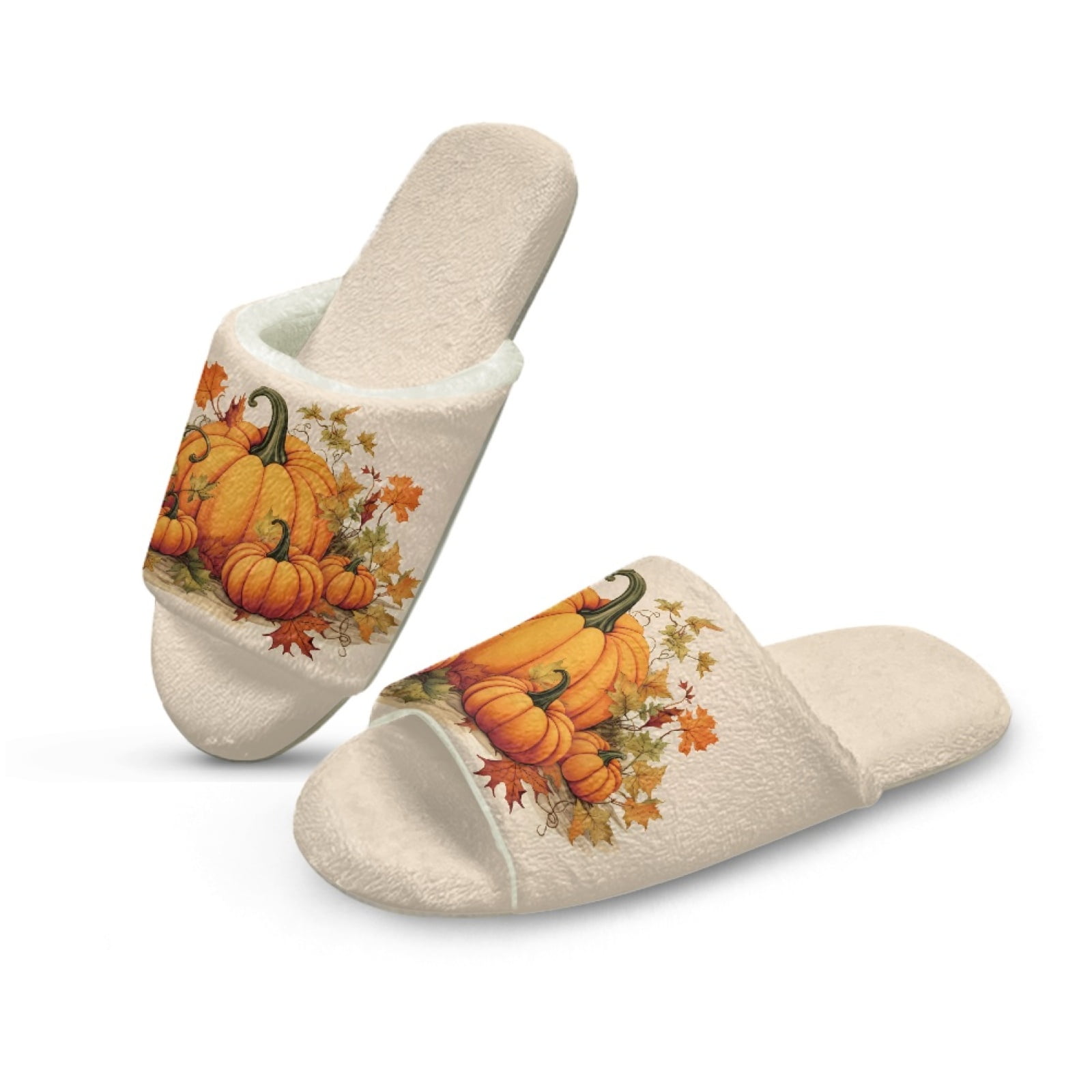 COEQINE Pumpkin Maple Leaf Slip On Slippers Womens Fall Fluffy Slippers ...