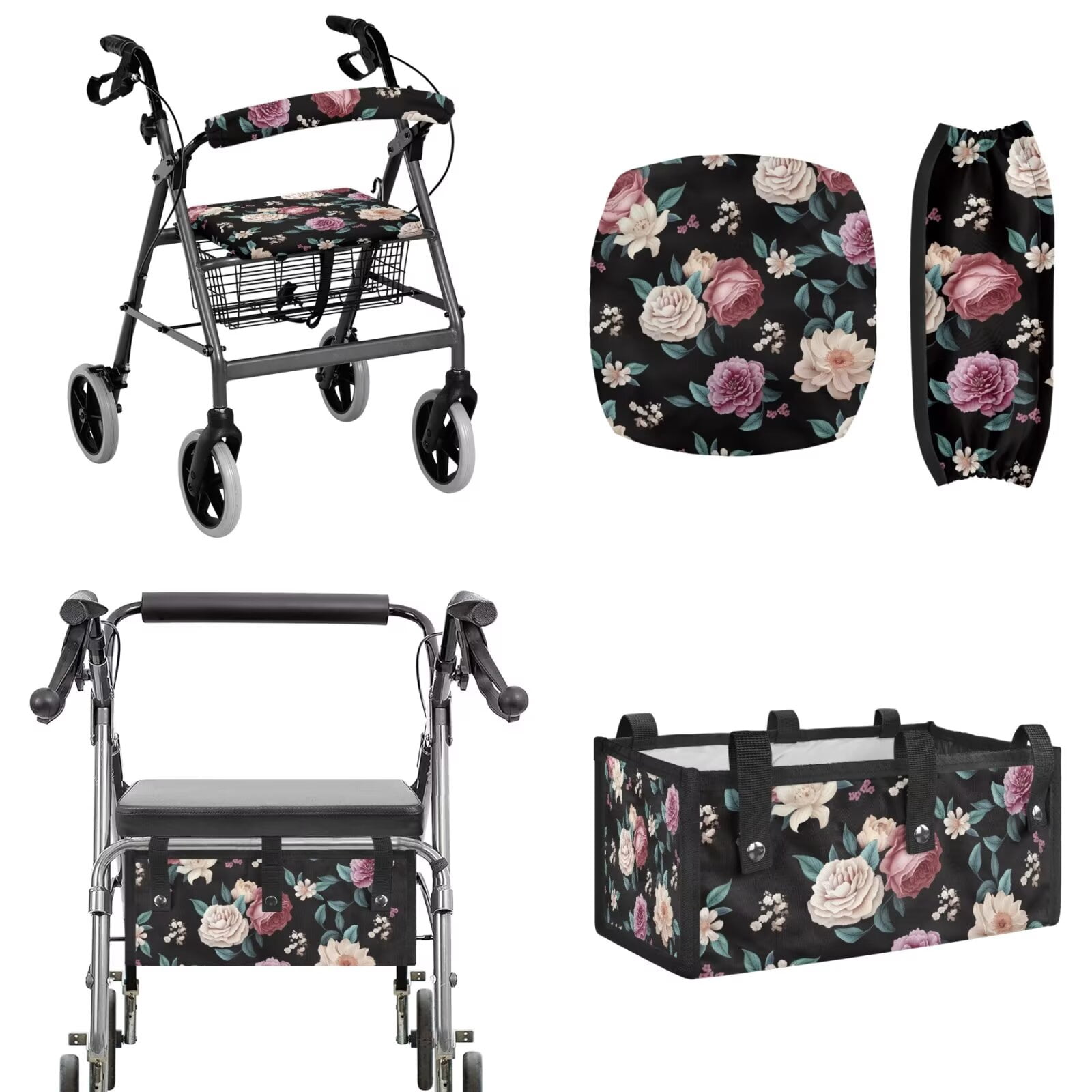 COEQINE Rollator Seat & Roller Bar Covers with Carry Storage Carrier ...
