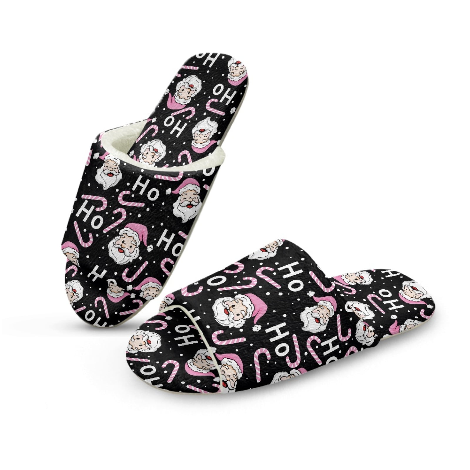COEQINE Santa Claus Ho Ho Ho Candy Canes Fluffy Slippers for Women ...