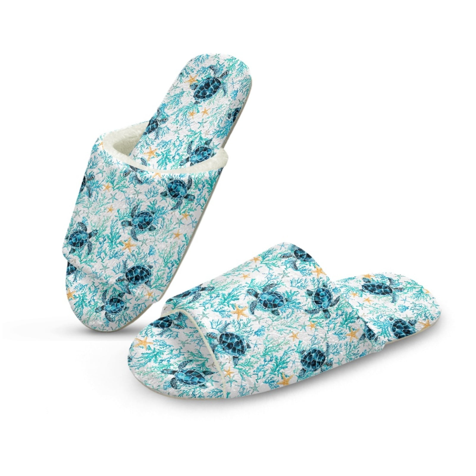COEQINE Sea Turtle Coral Starfish Slippers for Women Fall Winter Fluffy ...