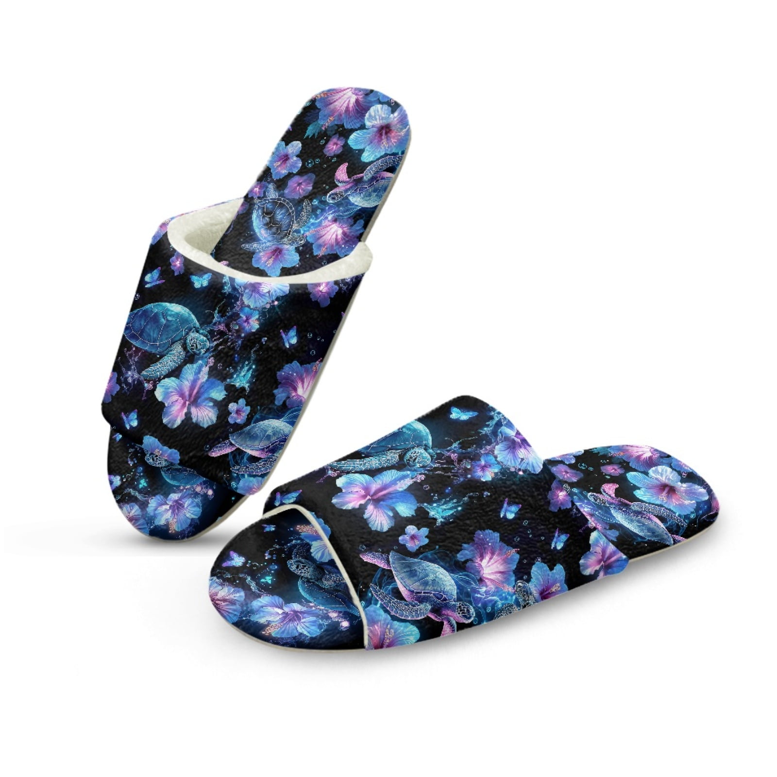 COEQINE Sea Turtle Hibiscus Slippers for Women Comfy Fuzzy Slides ...