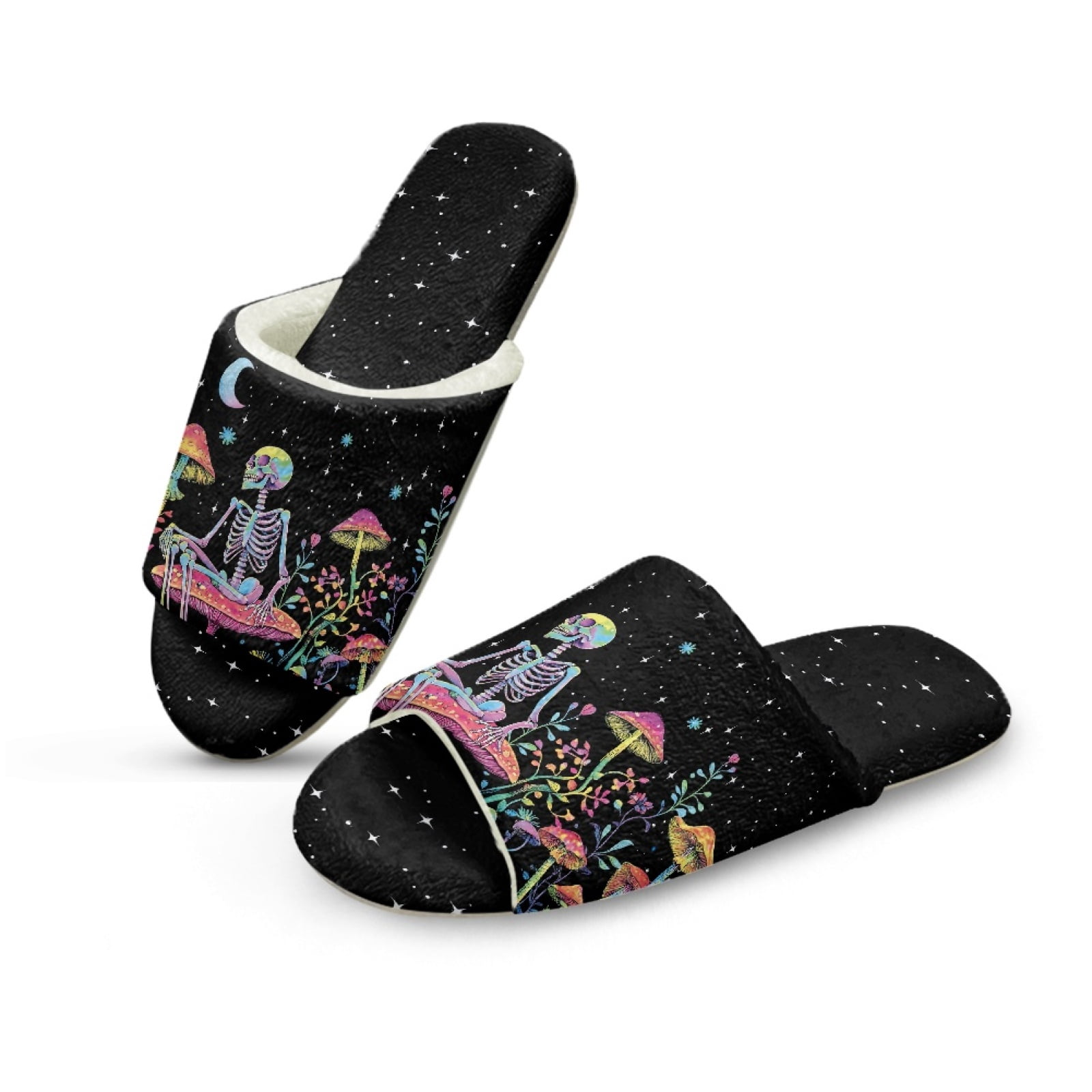 COEQINE Skeleton Mushroom Moon Womens Bedroom Slippers Open Toe Soft ...