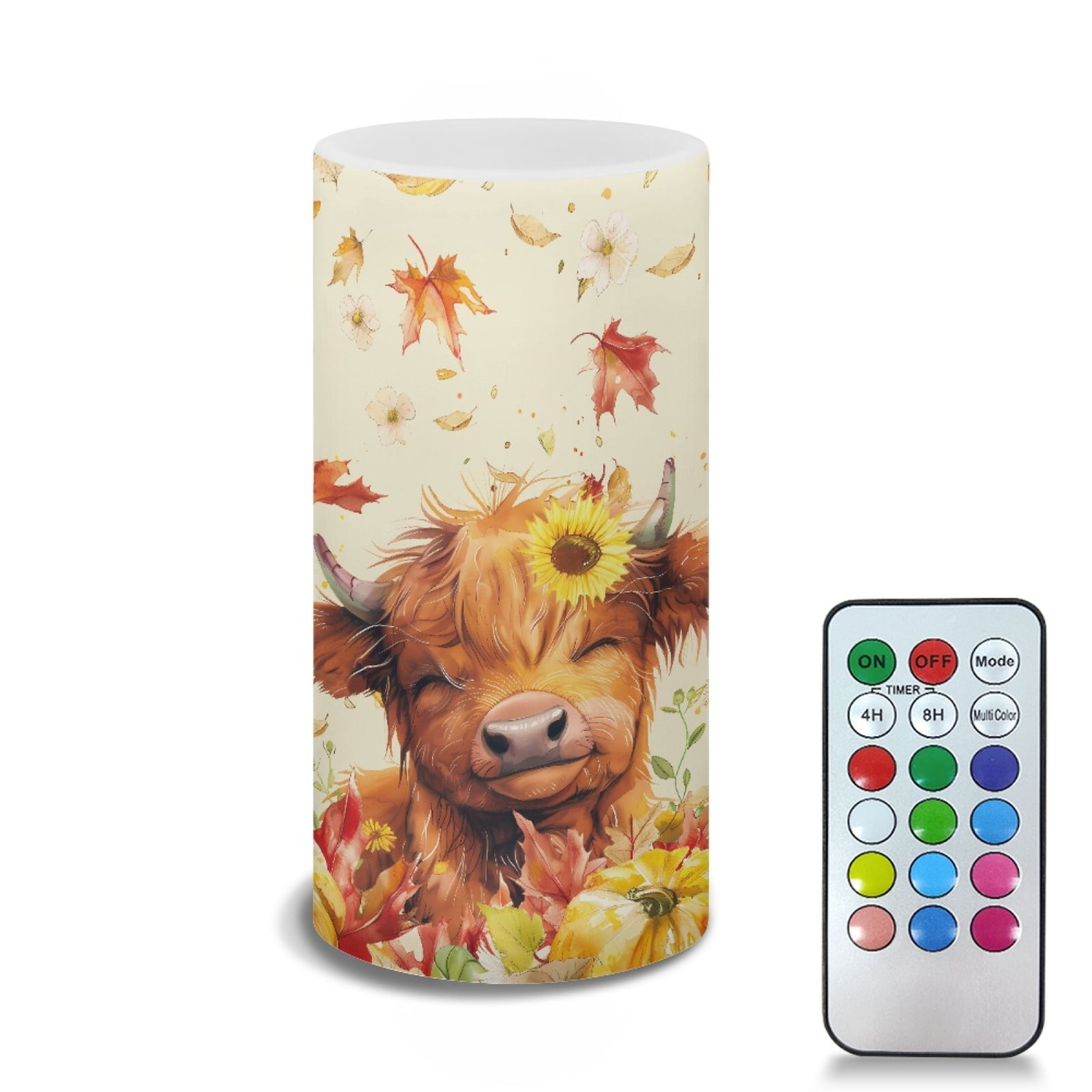 COEQINE Smile Highland Cow Maple Leaf Flameless Candle with 18 Key ...