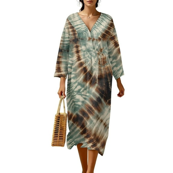 COEQINE Summer Dress for Women, Long Sleeve V-Neck Wrap Linen Look ...