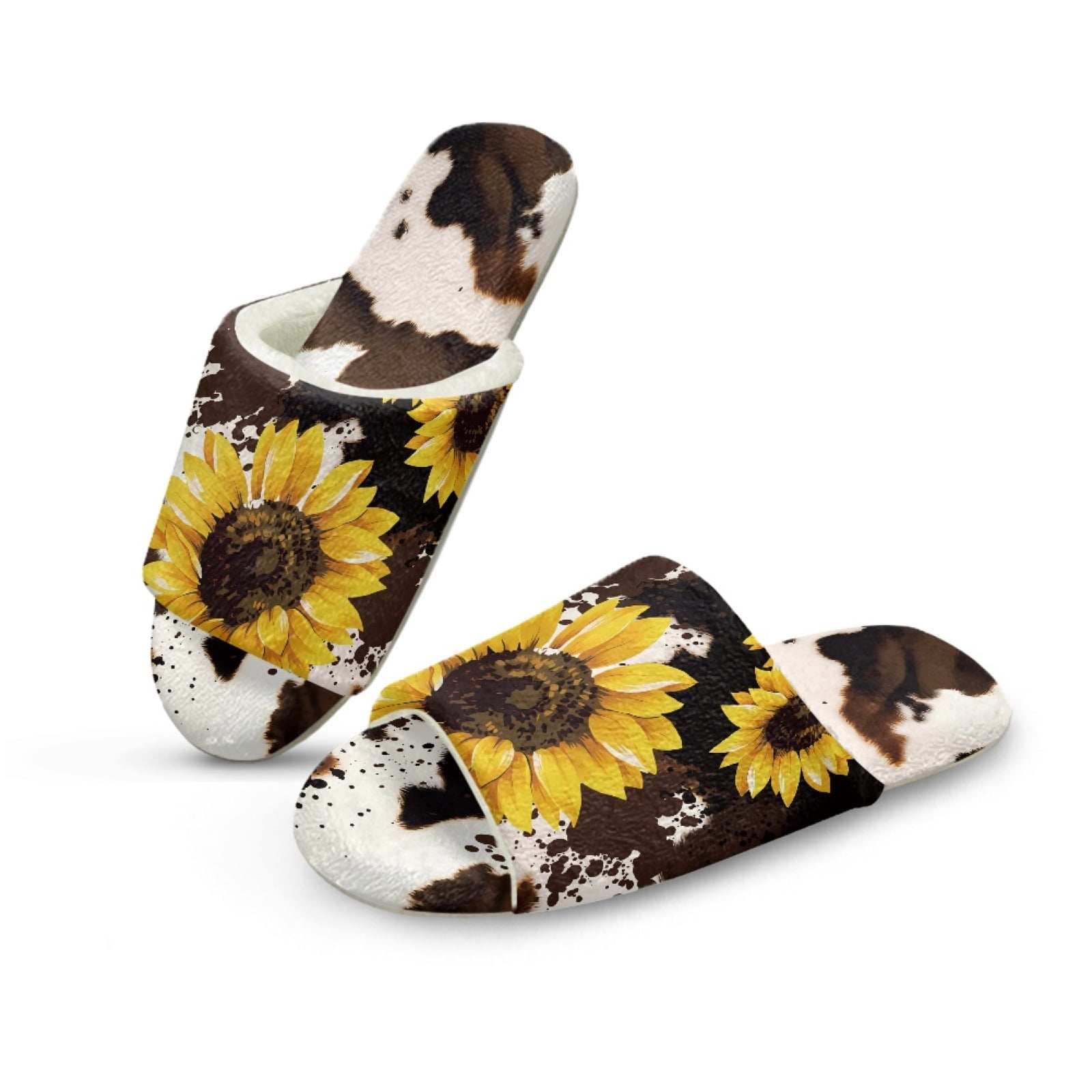 COEQINE Sunflower Cow Print Womens Fluffy Slippers Washable Indoor ...