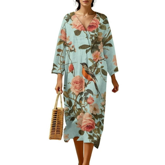 COEQINE Vacation Dress Women's 3/4 Sleeve Wrap V-Neck Boho Midi Tunic ...