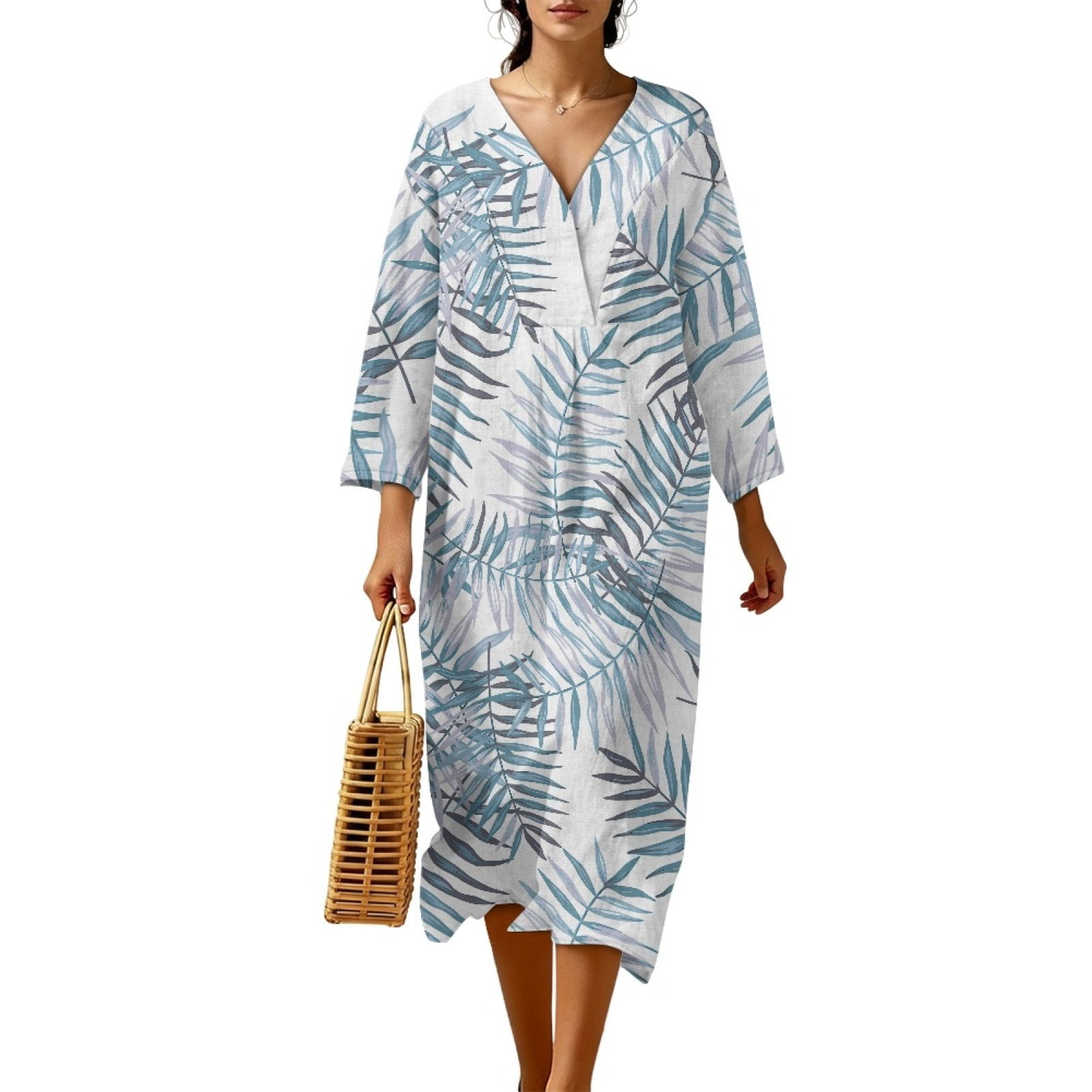 COEQINE Women's Office Casual Dress 3/4 Sleeve Wrap V-Neck Long Dresses ...