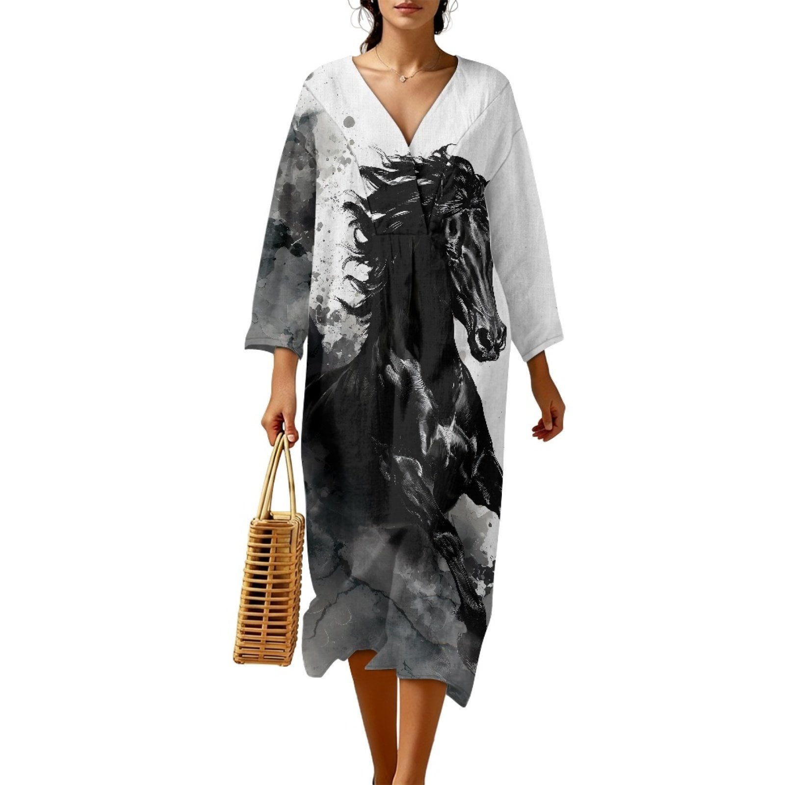 COEQINE Women's Office Casual Dress 3/4 Sleeve Wrap V-Neck Oriental ...