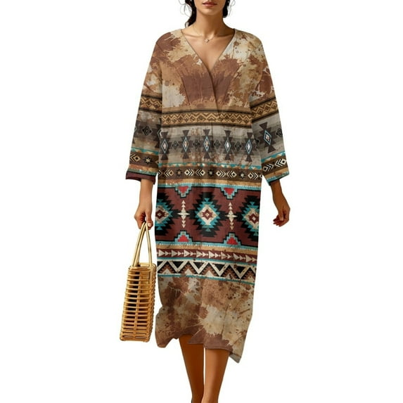 COEQINE Womens Beach Dress Midi Length V-Neck Wrap Long Sleeve Big Size ...