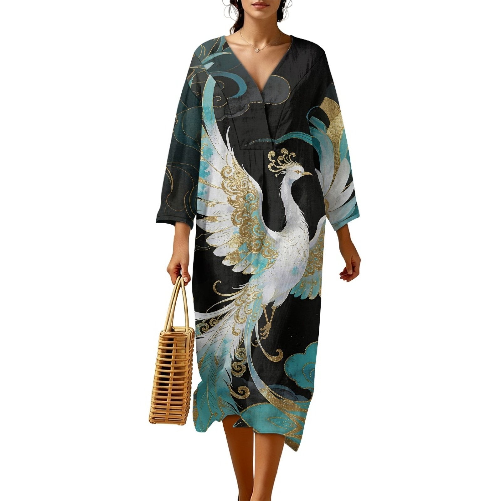 COEQINE Womens Bohemian Midi Dress 3/4 Sleeve Loose Fit Office Work ...