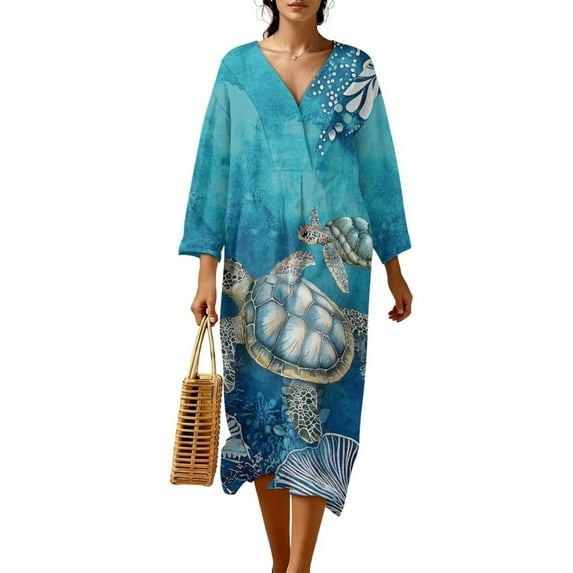 COEQINE Womens Boho Chic Midi Dress 3/4 Sleeve Loose Fit Office Work ...