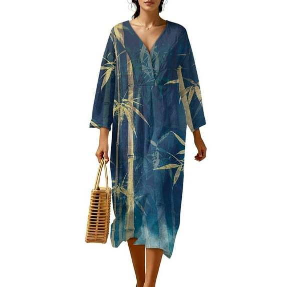 COEQINE Womens Boho Chic Midi Dress 3/4 Sleeve Loose Fit Office Work ...