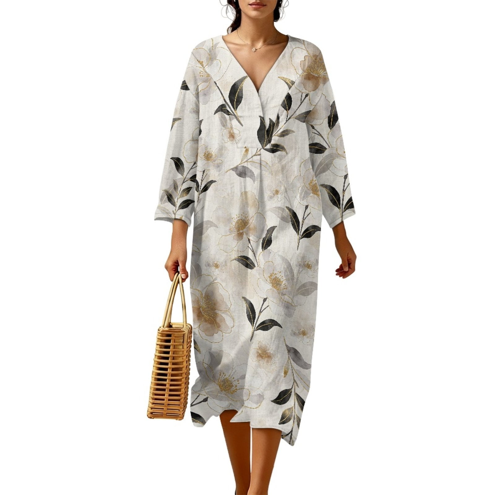 COEQINE Womens Plus Size Dress Loose V Neck 3/4 Sleeve Flattering Wrap ...