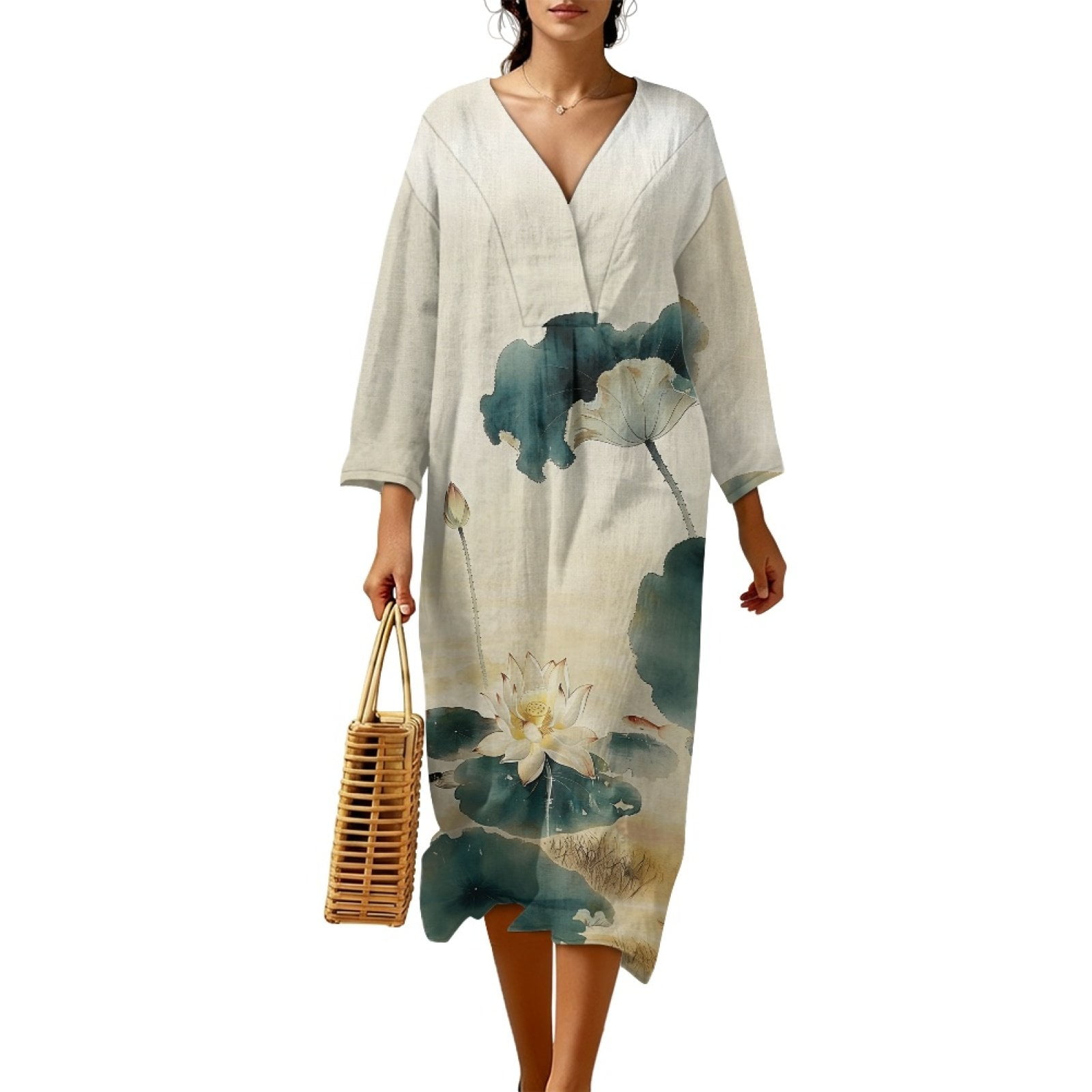 COEQINE Wrap Dress for Women 3/4 Sleeve Midi Length Church Dress Loose ...