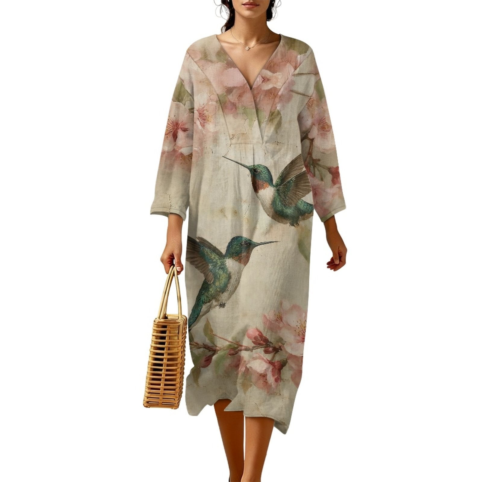 COEQINE Wrap Dress for Women 3/4 Sleeve Midi Length Church Dress Loose ...