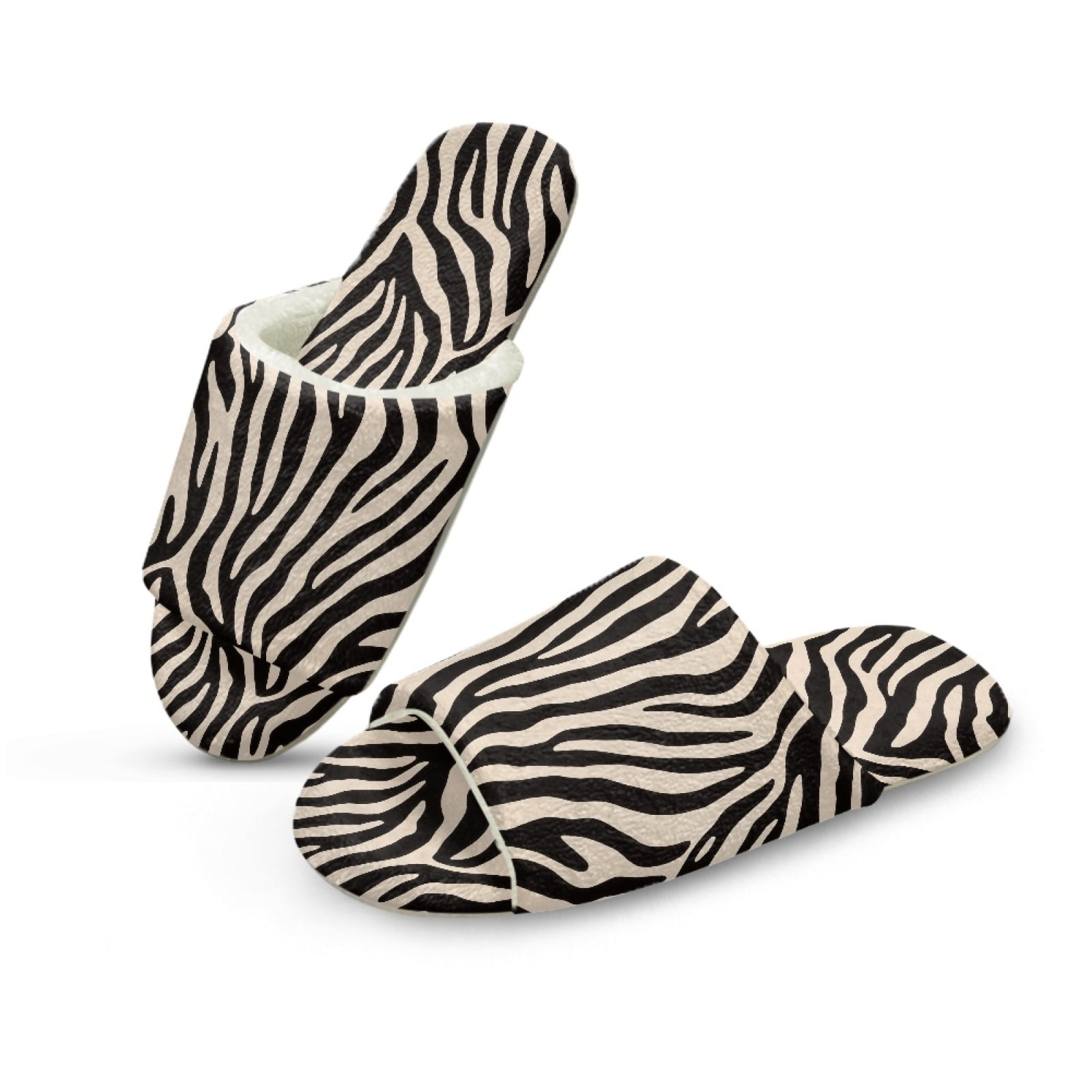COEQINE Zebra Print Fluffy Slippers for Women, Open Toe Fluffy Sandals ...