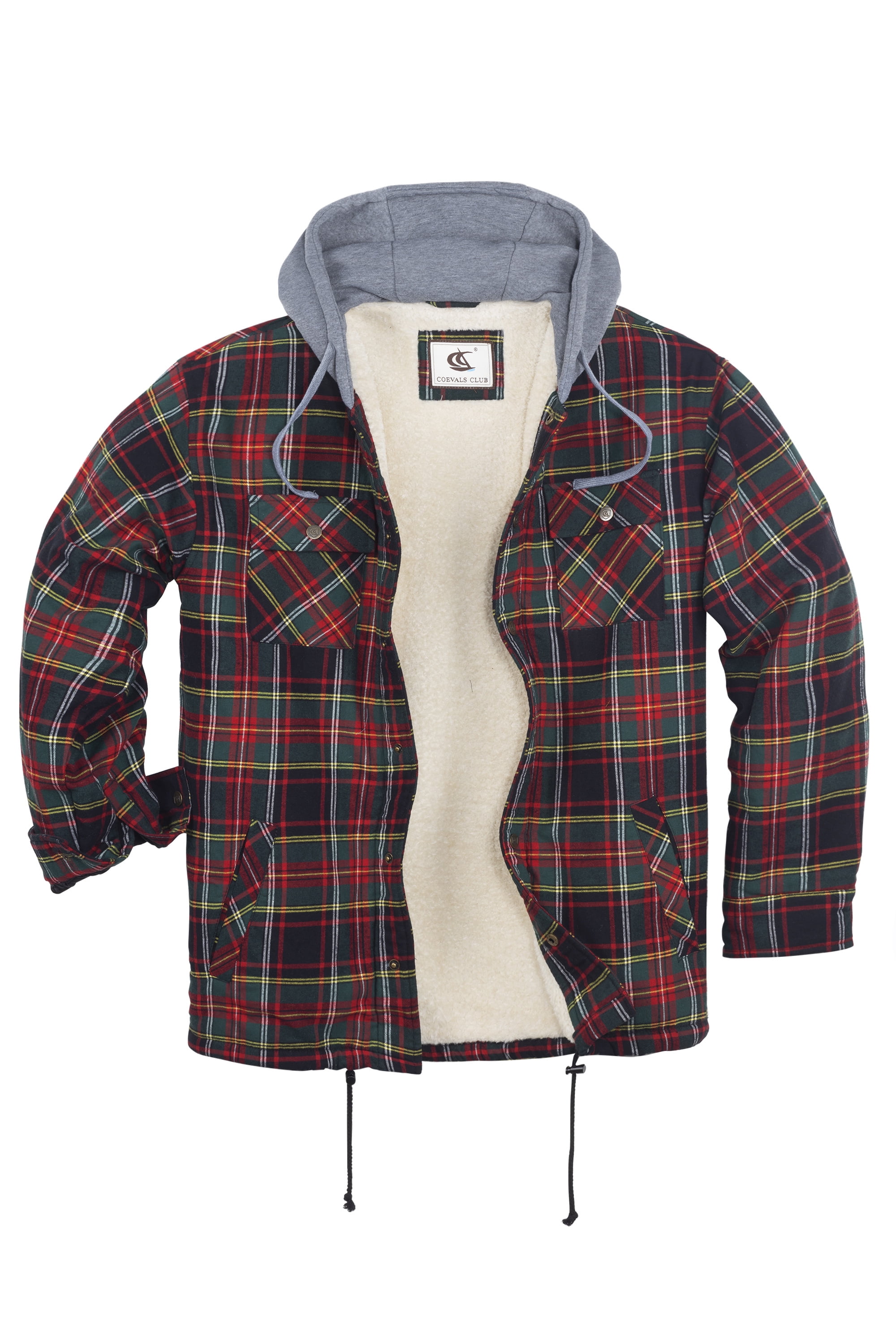 COEVALS CLUB Men's Hooded Sherpa Lined Flannel Long Sleeve Cotton Plaid ...