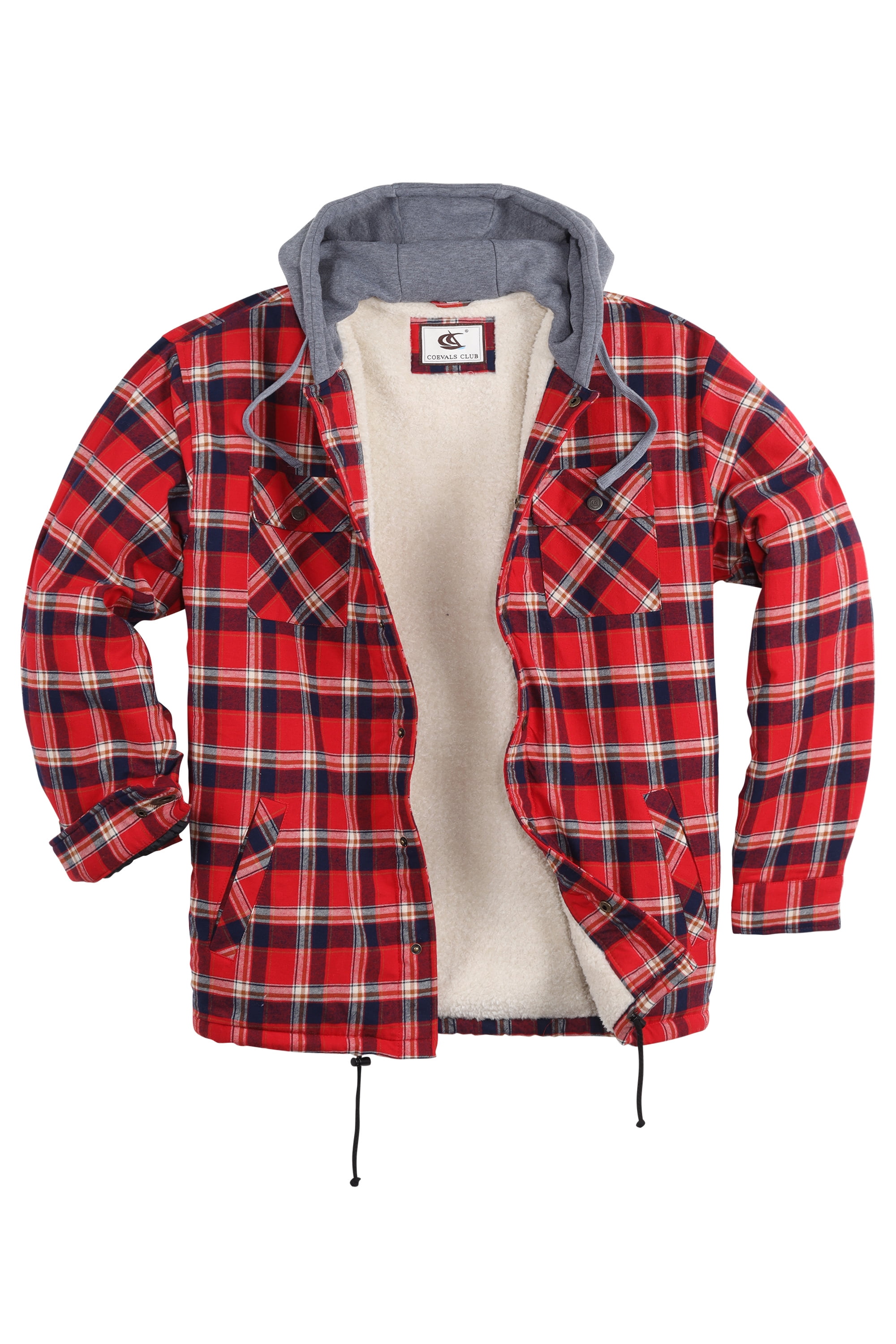 COEVALS CLUB Men's Hooded Sherpa Lined Flannel Shacket, Long Sleeve ...