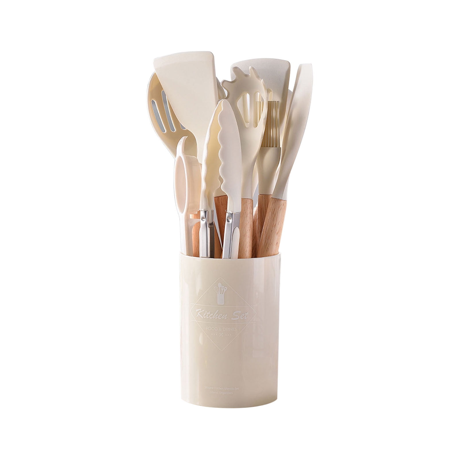 COFEST Wooden Handle Silicone Kitchen Utensils Set, 12-Piece Barrel Set ...