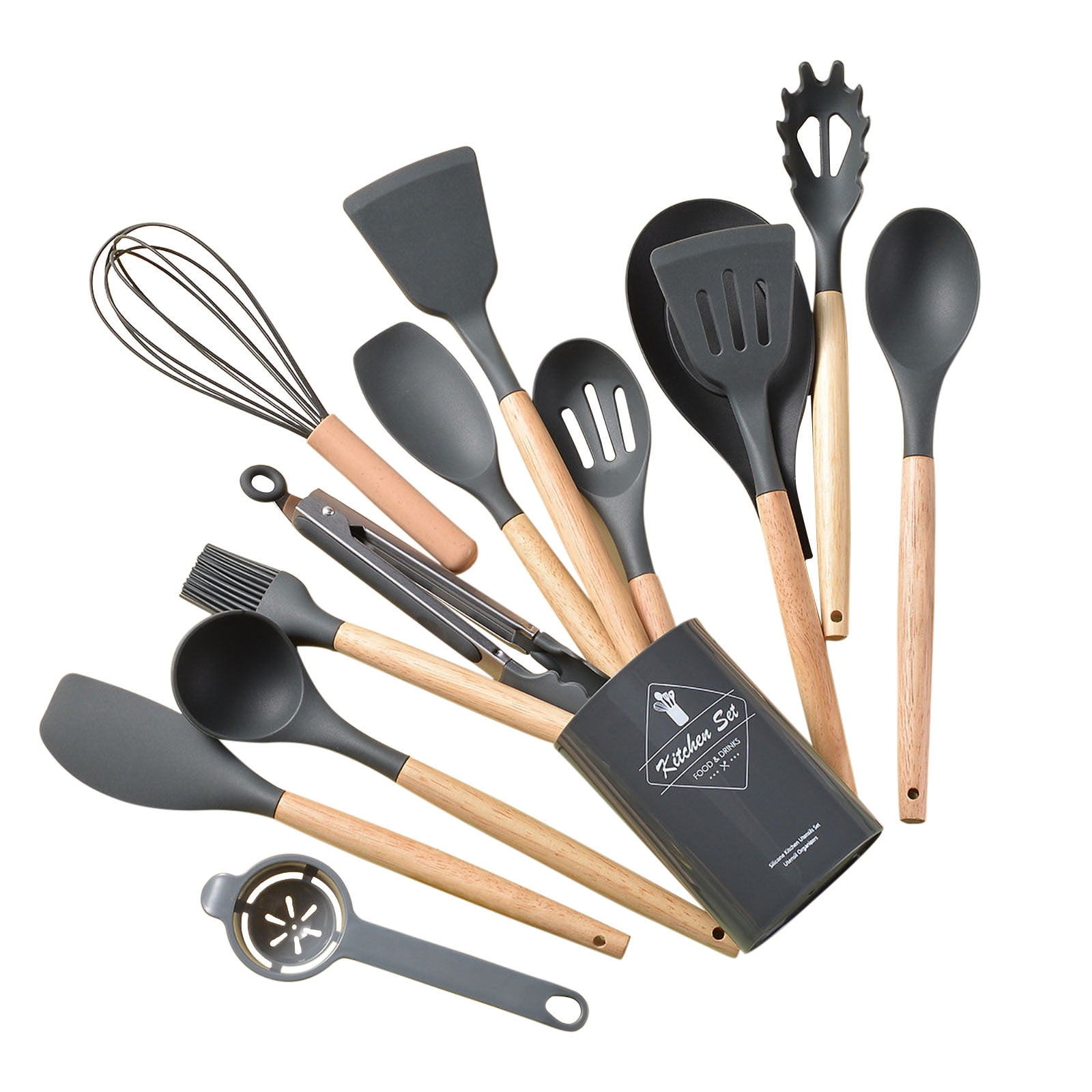 COFEST Wooden Handle Silicone Kitchen Utensil Set, 14 Piece Cooking ...