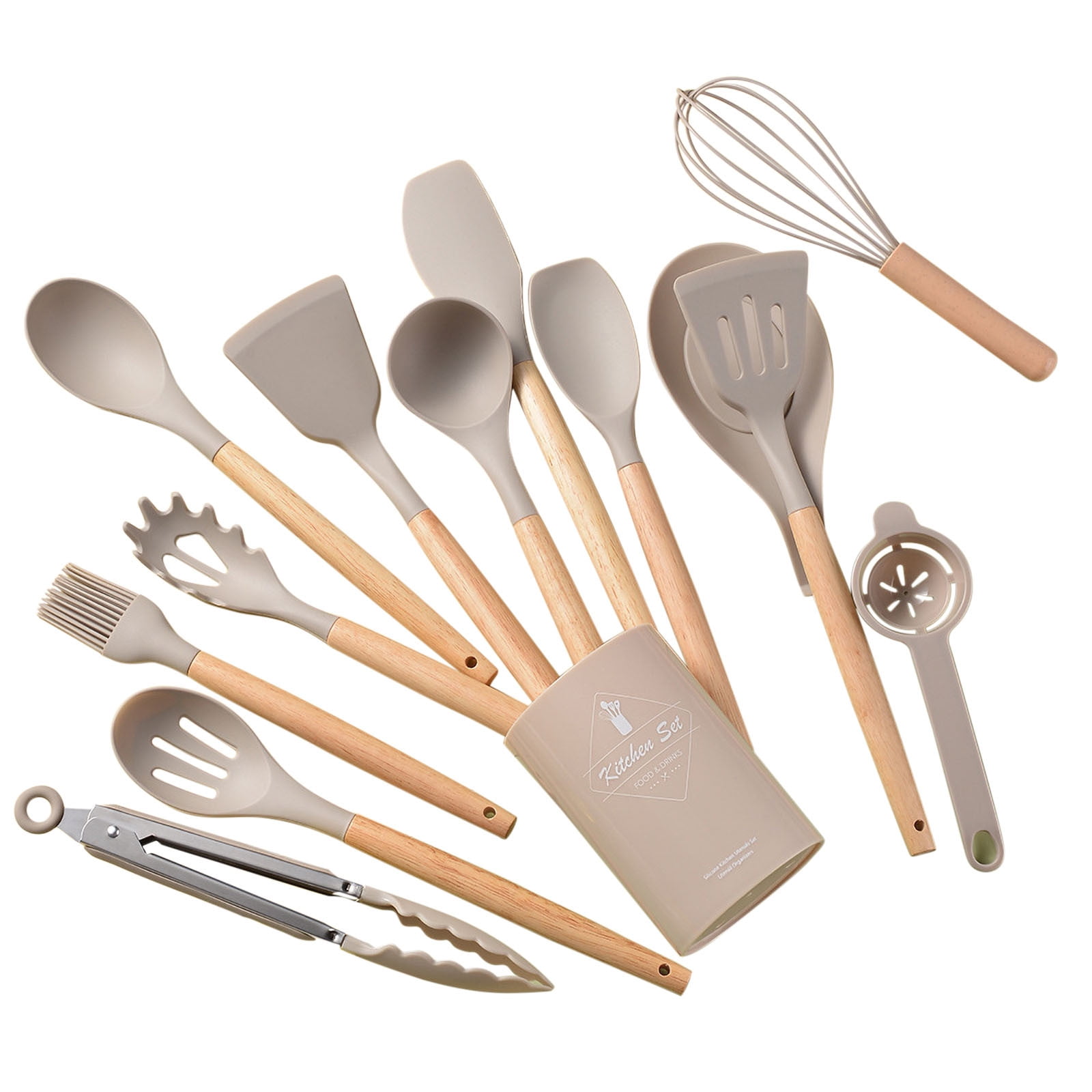 COFEST 14-Piece Silicone Kitchen Utensils Set, Wooden Handle, Khaki ...