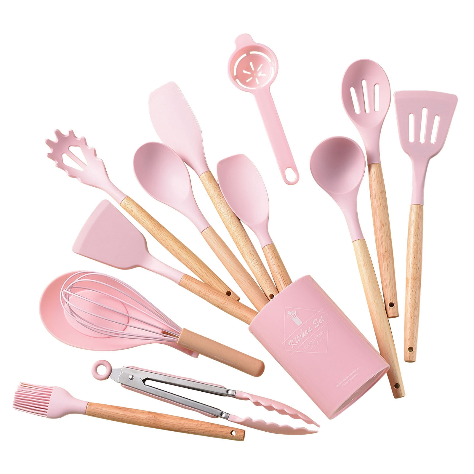 COFEST 14-Piece Silicone Kitchen Utensils Set, Wooden Handles, Stylish ...