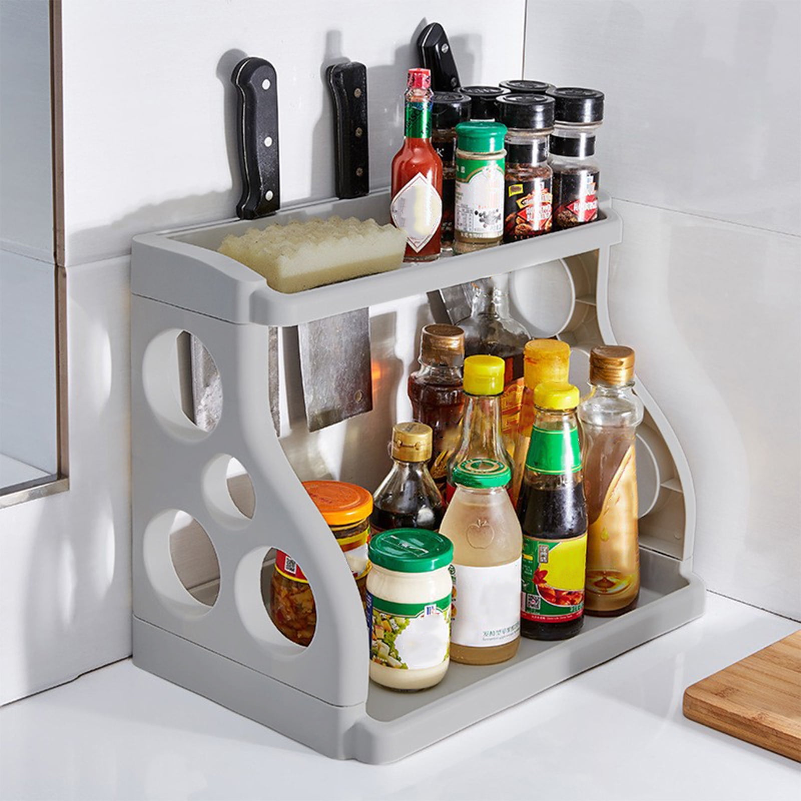 COFEST Multi-Purpose Double-Tier Plastic Kitchen Shelf with Knife ...