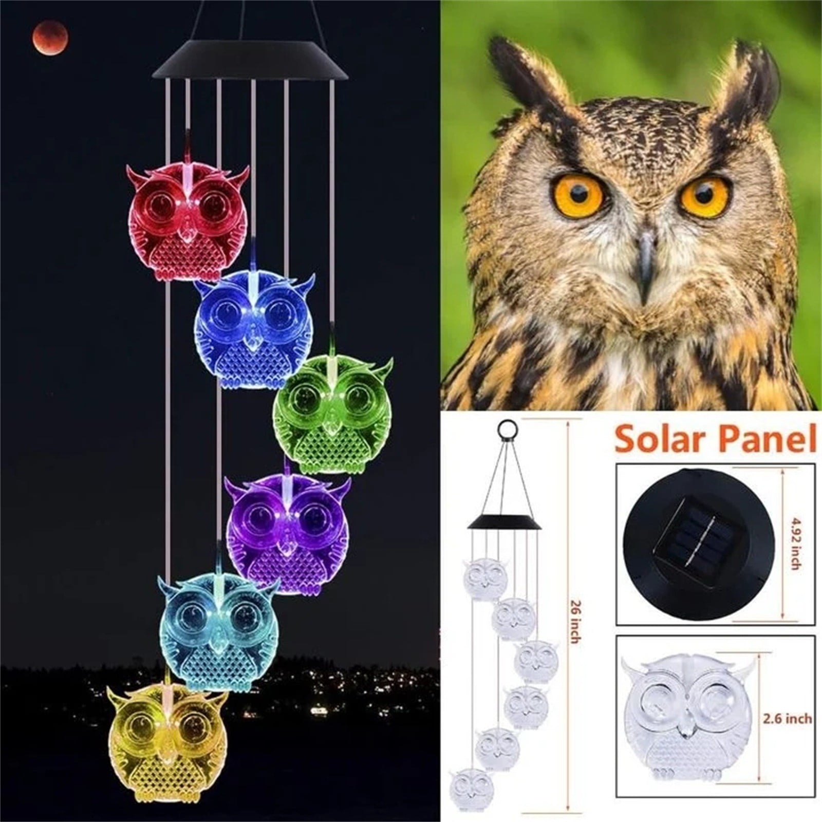 COFEST Solar Owl Wind Chime with LED Spinners - Color-Changing Crystals ...