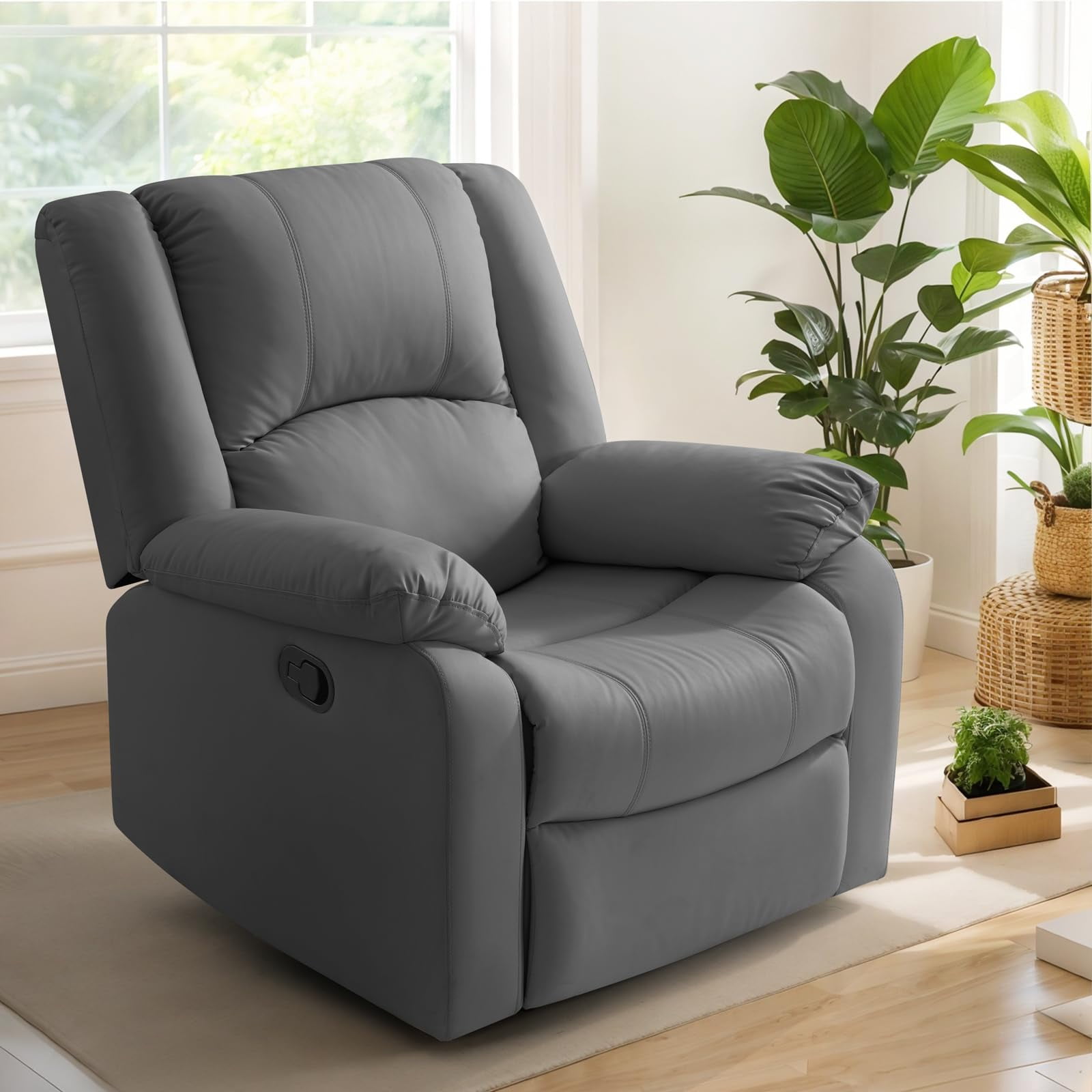 COHOME Recliner Chair for Living Room, Faux Leather Manual Reclining Chairs with Overstuffed ...