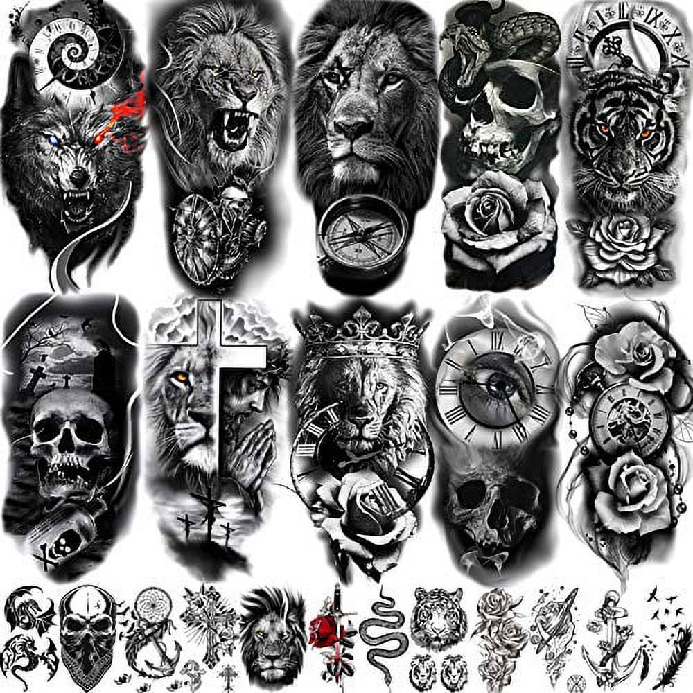 Black And Grey Skull Half Sleeve Tattoos