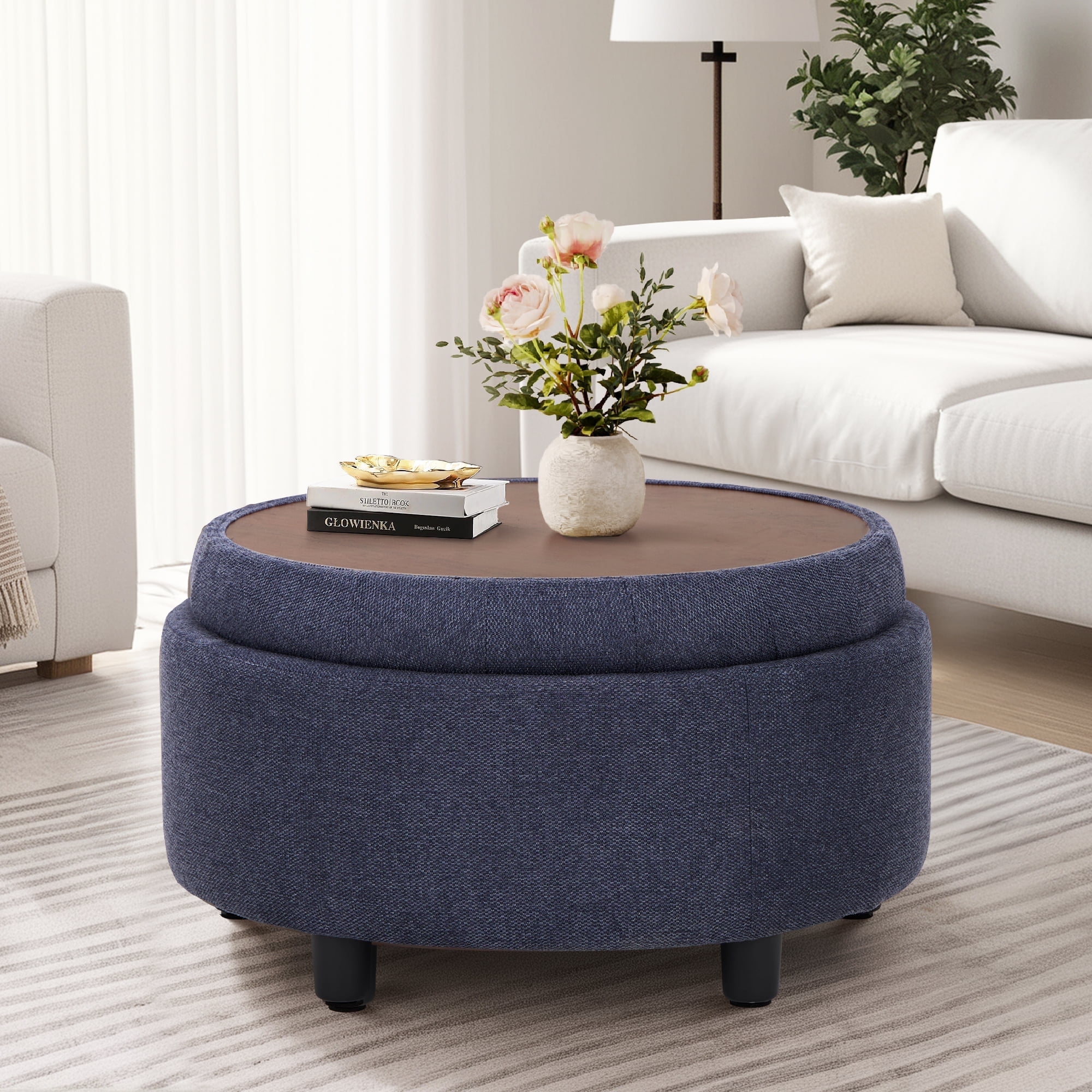 Blue Round Ottoman with Storage and Reversible Tray, Upholstered Fabric ...